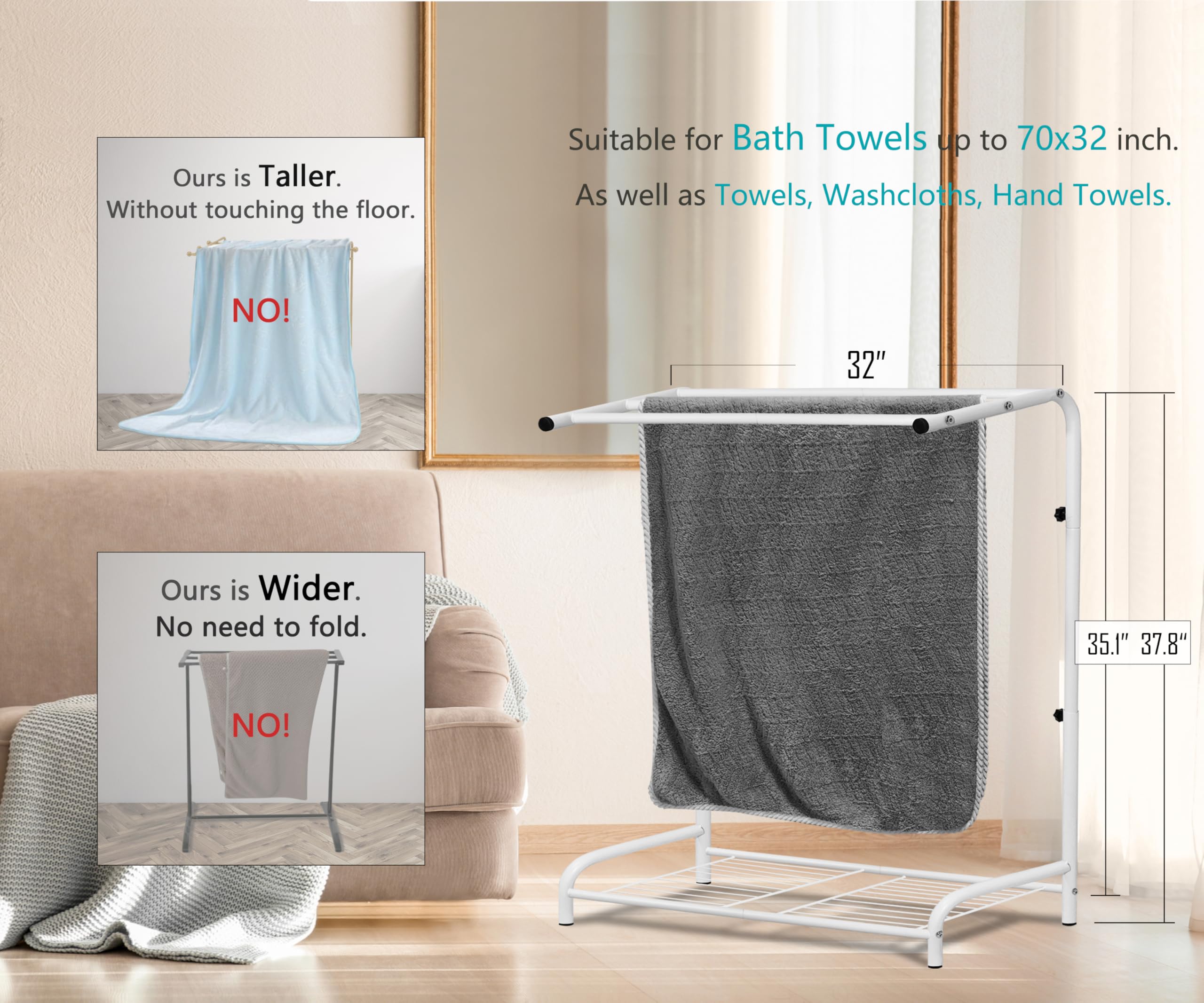 VSUINGO Freestanding Towel Rack, 32" L x 37.8" H for Oversized Bath Towels, Hand Towels Stand, Adjustable Height, 3-Tier Clothes Drying Holder with Storage Shelf for Bathroom, Aisle, Pool (White)