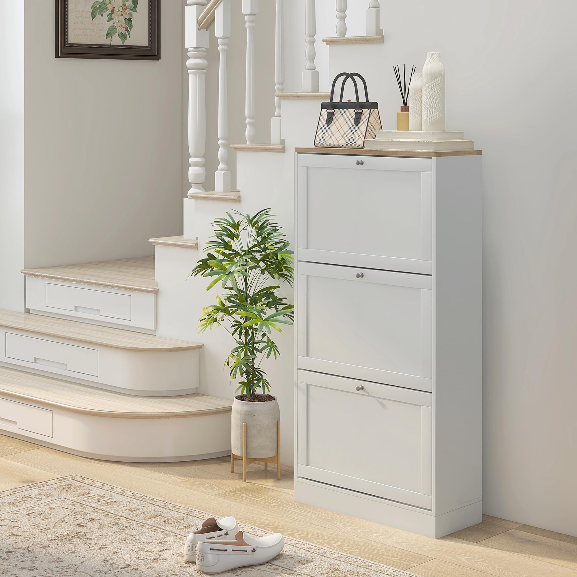 HOMCOM Narrow Shoe Storage Cabinet for Entryway with 3 Flip Drawers and Adjustable Shelves, Shoe Rack Organizer for 18 Pairs of Shoes, White