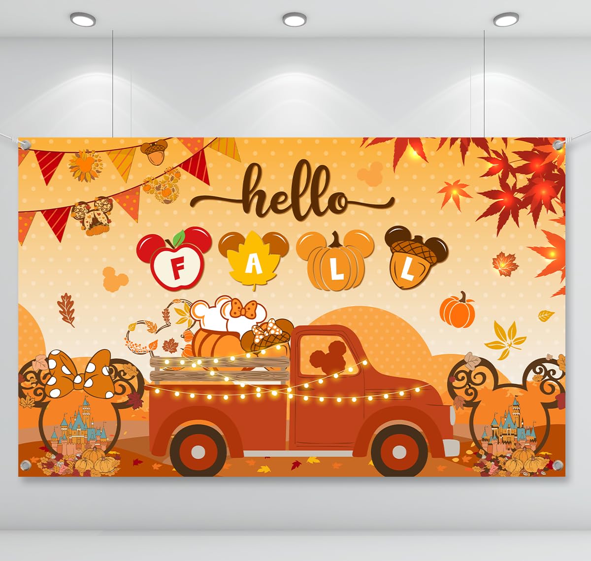 Hello Fall Backdrop Decoration,Fall Theme Supplies Mouse Pumpkin Photography Background Banner Maple Leaf Photo Props for Thanksgiving Party Decoration