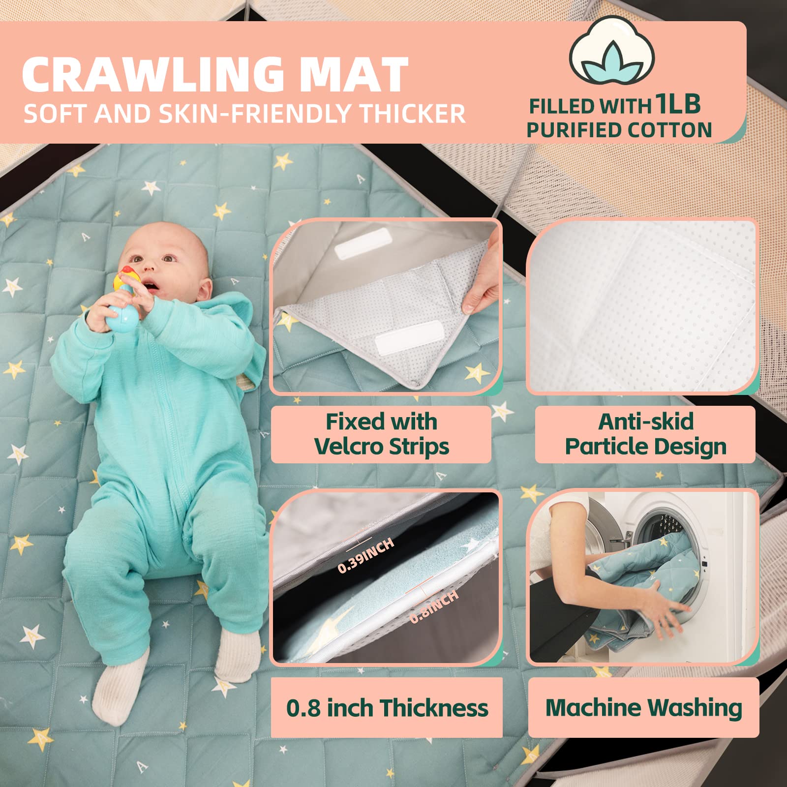 Baby Playpen with Mat, Baby Playyard with Mat 2.2lb Thicker Cotton Play Mat, Easy to Install Playyard with Mat, Sturdy Playpen with 0.2IN Protection Cover, Storage Bag,4 Pull Rings