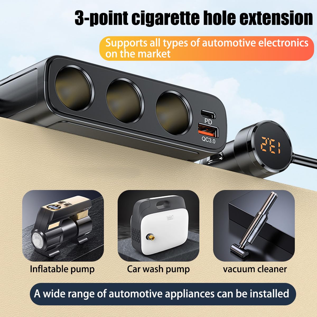 Ankuee Car Cigarette Lighter Splitter, 3 Socket Car Charger with PD/QC 3.0 Charging Ports, 3 USB 128W 12V/24V Independent Switches Car Splitter Adapter with LED Voltage Display (3.3FT Cable)