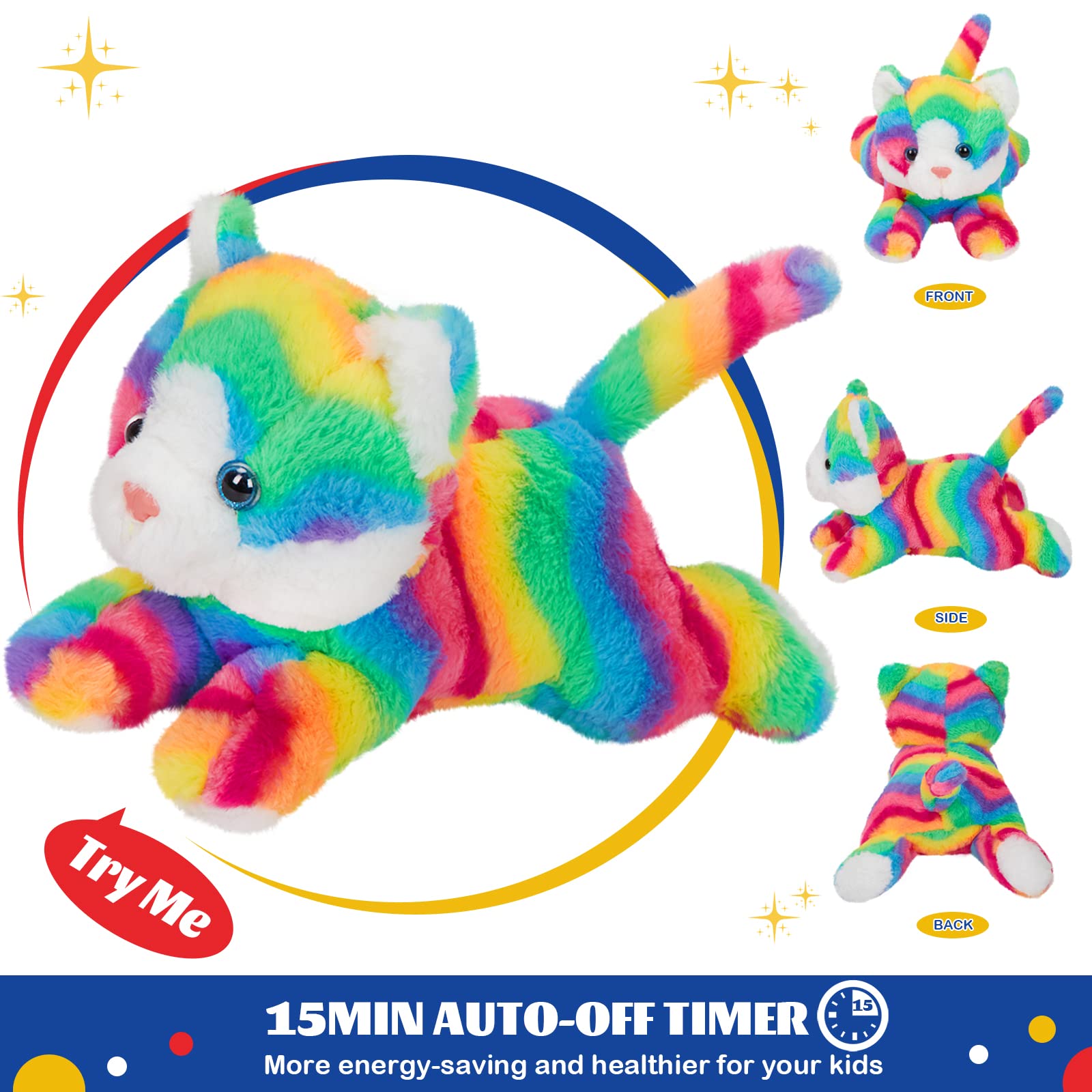 Glow Guards 13'' Light Up Rainbow Cat Plush Toy with LED Night Light & Lullaby for Kids, Soft Stuffed Animal Christmas & Birthday Gift