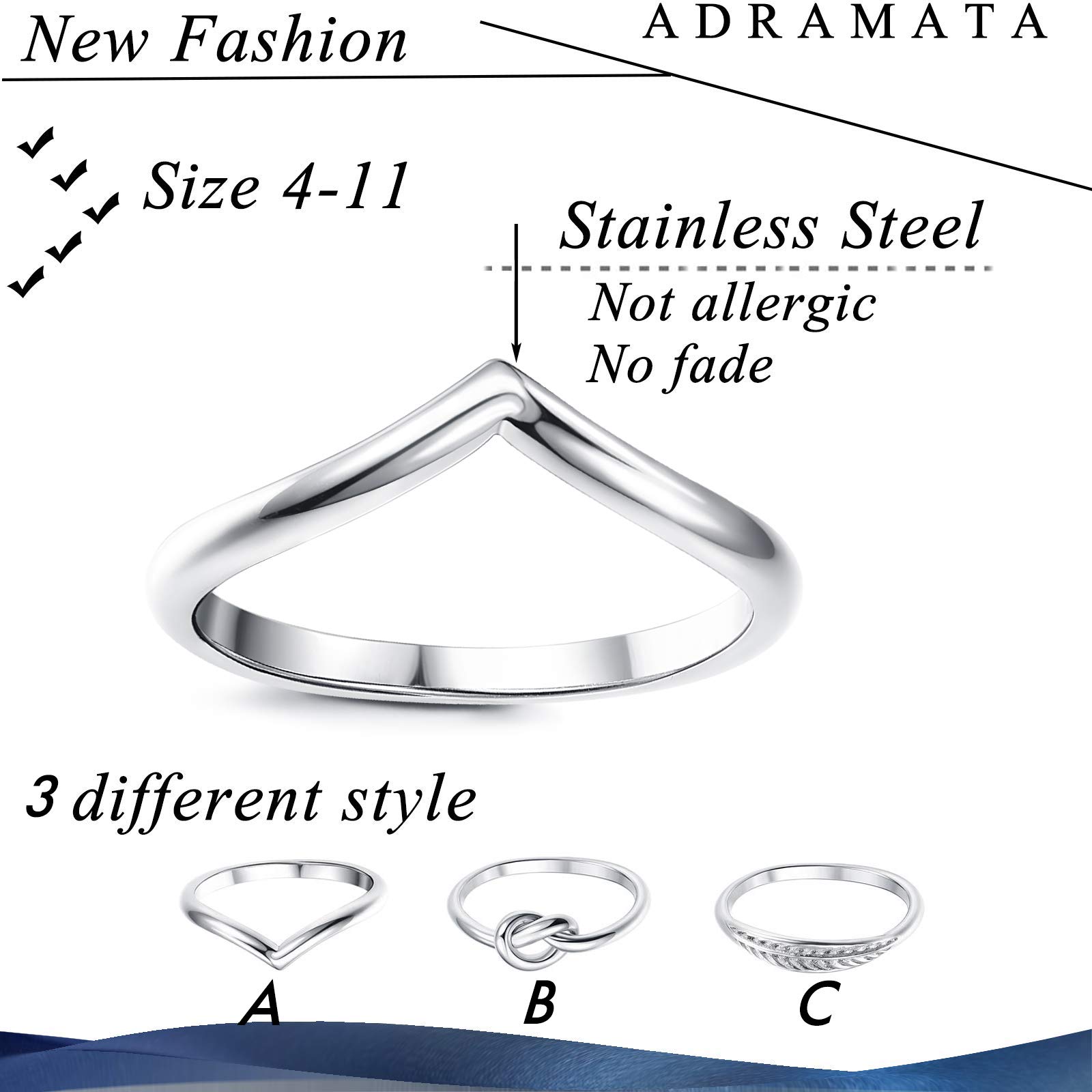ADRAMATA 3 Pcs Stainless Steel Leaf Knot Ring for Women Fashion Feather Band Size 8