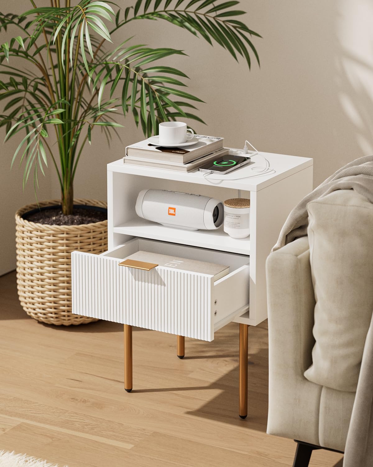 Aobafuir Nightstand with Charging Station, Drawer Dresser for Bedroom, Small Side Table with Drawer, Night Stand, End Table with Gold Frame for Bedroom, Living Room, Stripe White