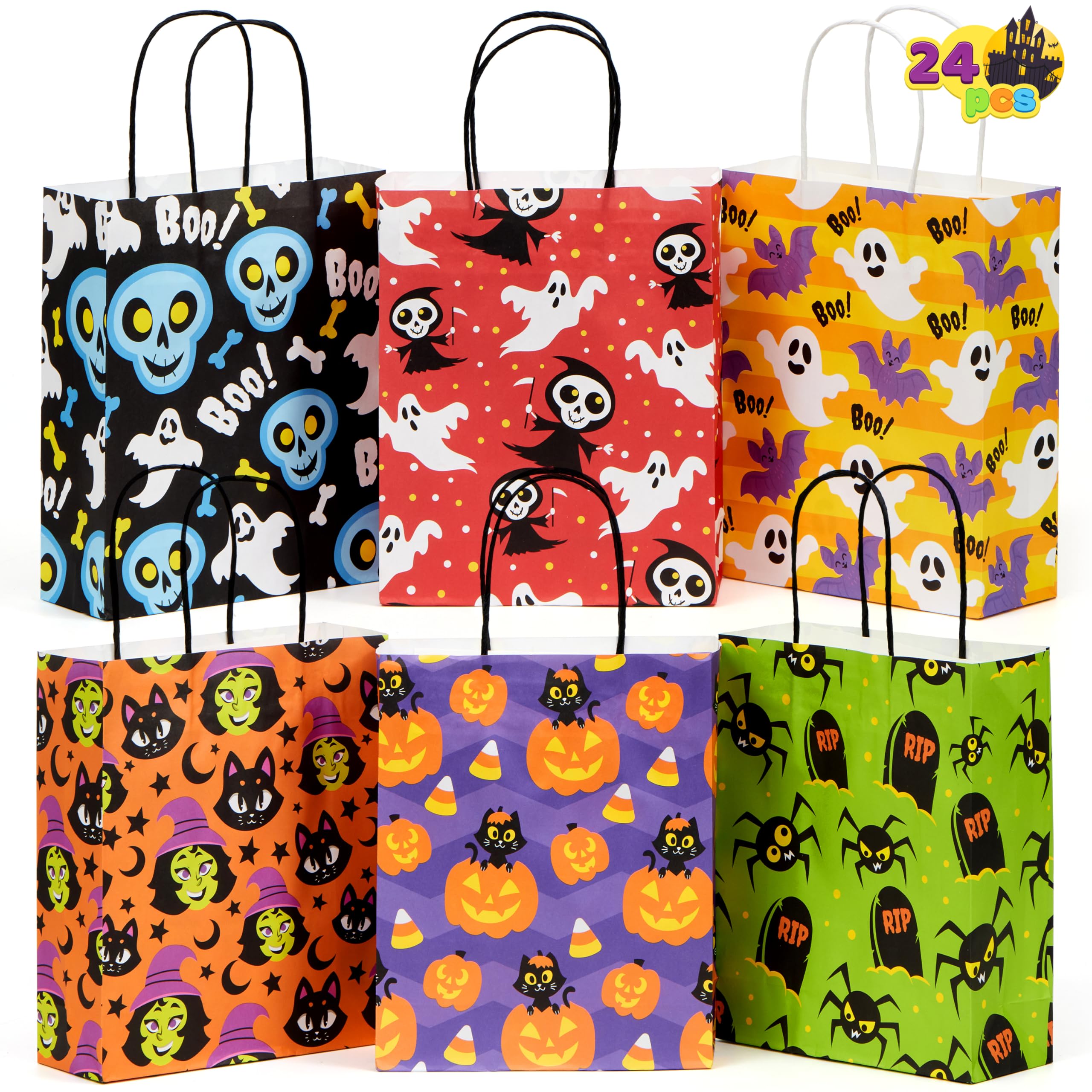JOYIN 24 Pcs Halloween Goodie Bags with Handles, Paper Trick or Treating Gift Bag Bulk in 6 designs for Halloween Treat Party Favor, Halloween Colored Candy Bags for Party Supplies