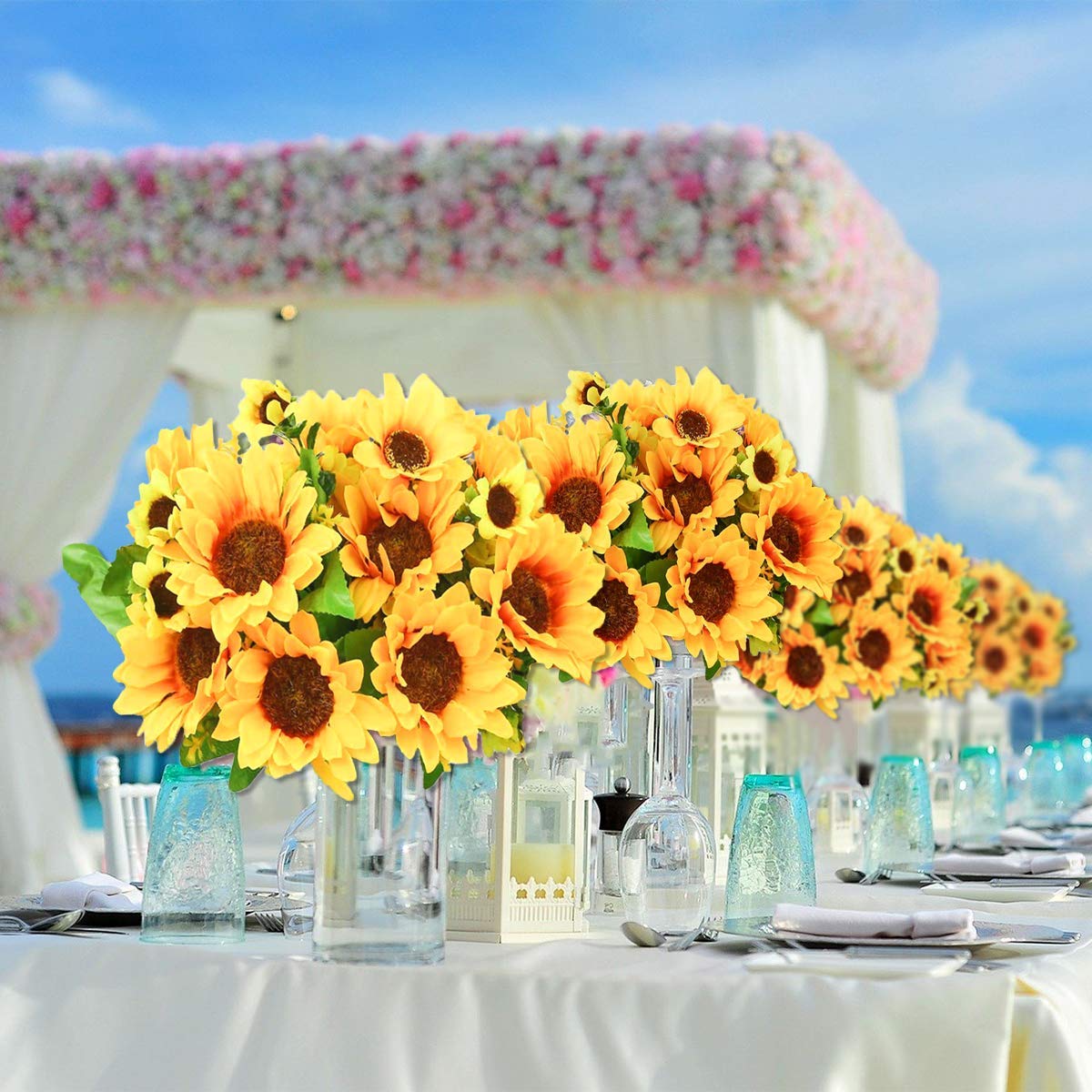 Artificial Sunflower 3 Bouquet | Artificial Flowers Silk Fake Faux Fall Yellow Bulk Flowers for Home Decorations Wedding Table Party Garden Decor