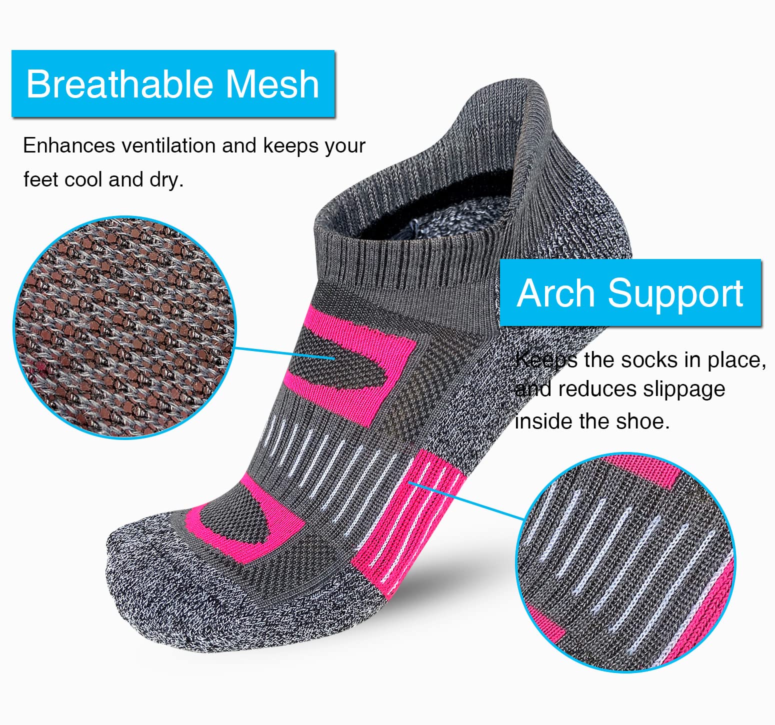 APTYID Women's Ankle Socks Athletic Cushioned Running, Size 6-9, Dark Grey, 6 Pairs