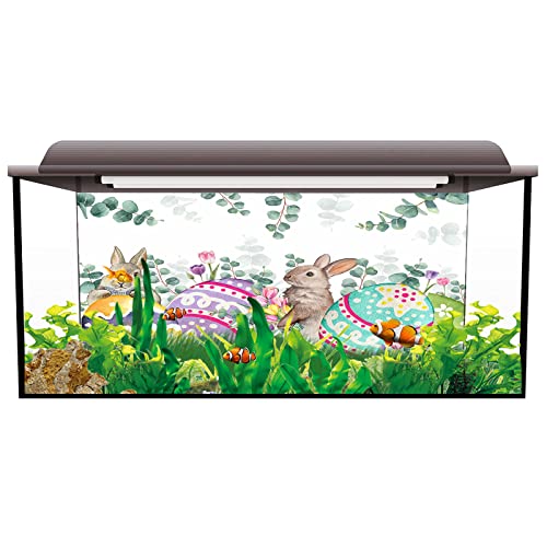 Aquarium Background Happy Easter Eggs 12.4x30.4 inch Fish Tank Background PVC Fish Backdrop Wallpaper for Background Aquarium Rabbits Eucalyptus Leaves