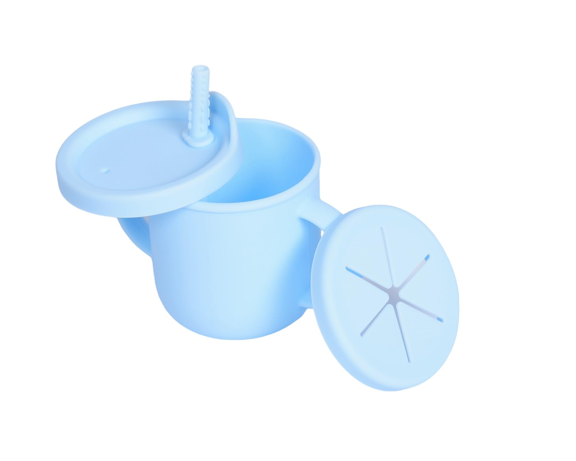 Silicone Baby Feeding Set, Baby Led Weaning Supplies, Eating Essentials Utensils with Suction Plate and Bowl, Pocket Bib, Sippy Cup with Lid, Forks Spoons Snack Container (Tropical Blue) 6M +