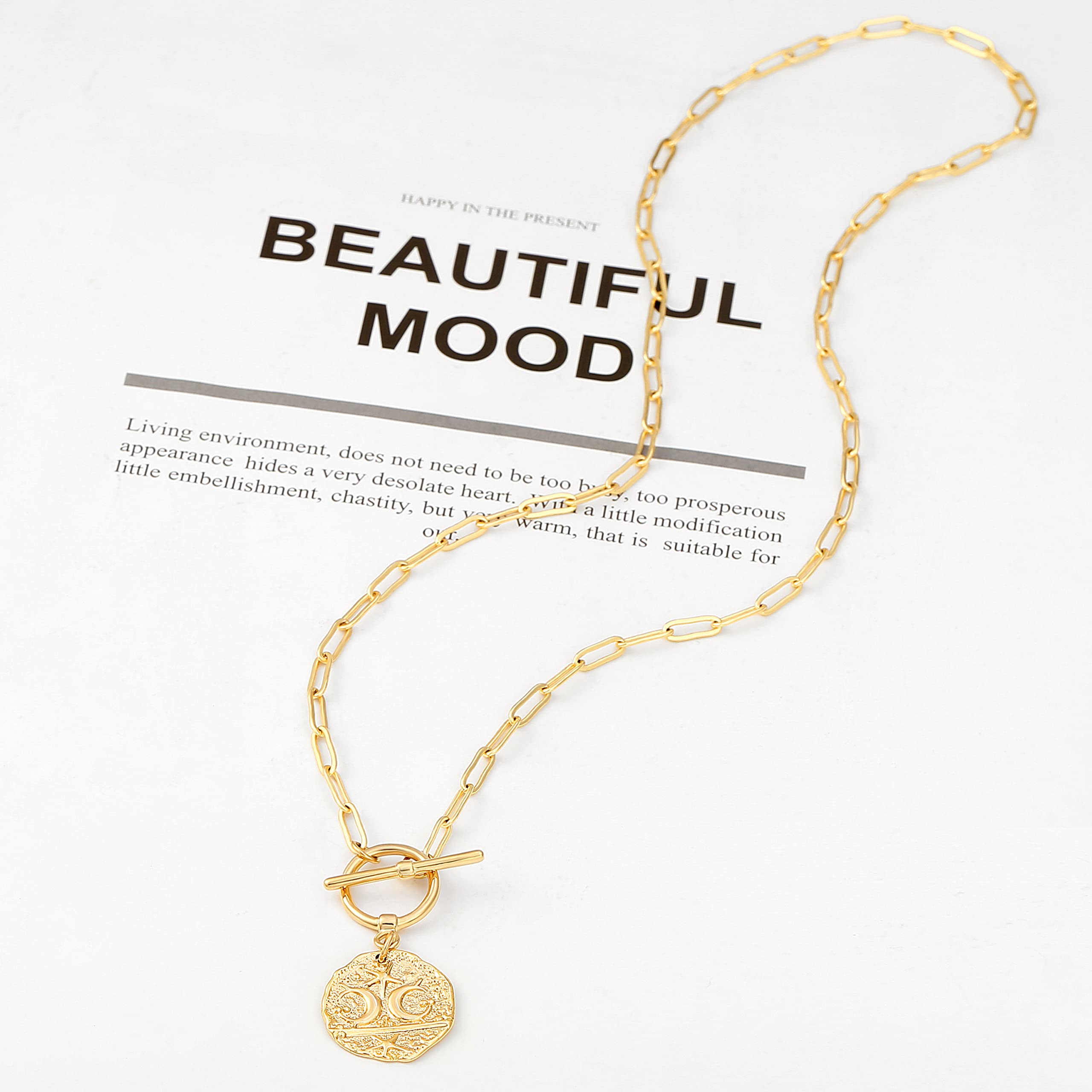 Aobei Pearl Moon and Star Medallion Pendant Necklace 18k Gold Oval Link Chain Choker Large Celestial Charm Layering Jewelry 20ββ