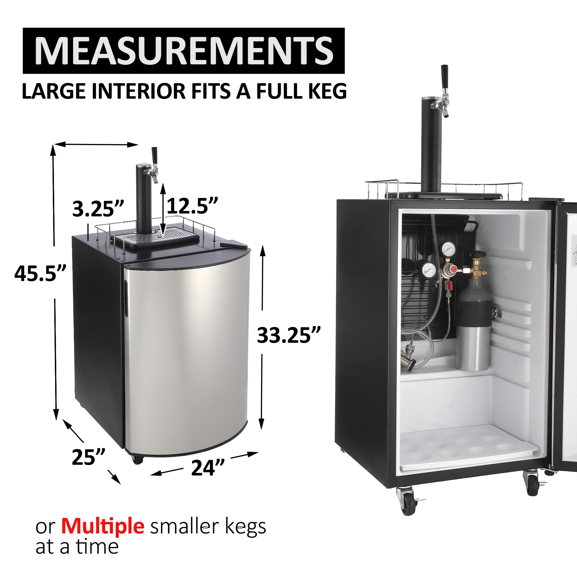Beer Kegerator, Single Tap Draft Beer Dispenser Full Size Keg Refrigerator With Shelves, Stainless Steel, Drip Tray & Rail,32°F- 50°F Temperature Control Coller 128L