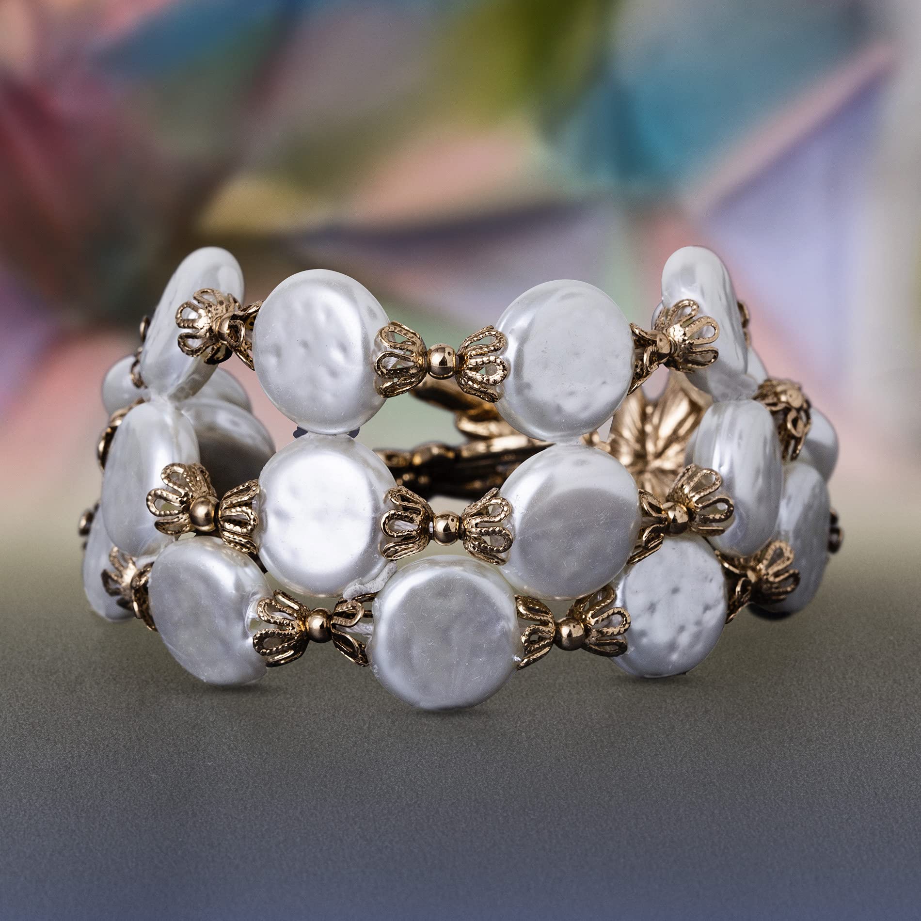 Badgley Mischka Three Row Connected Simulated Pearl Toggle Bracelet for Women 7 Inches