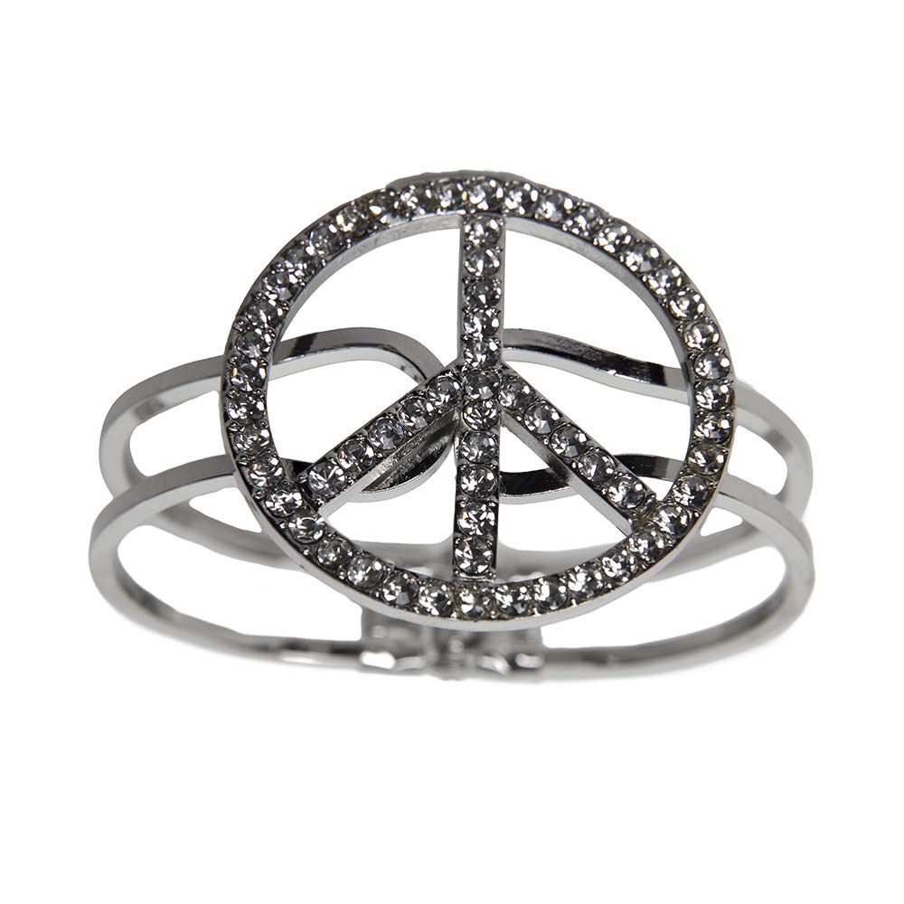 Arsimus Silver Peace Sign Cuff Bracelet with Rhinestones