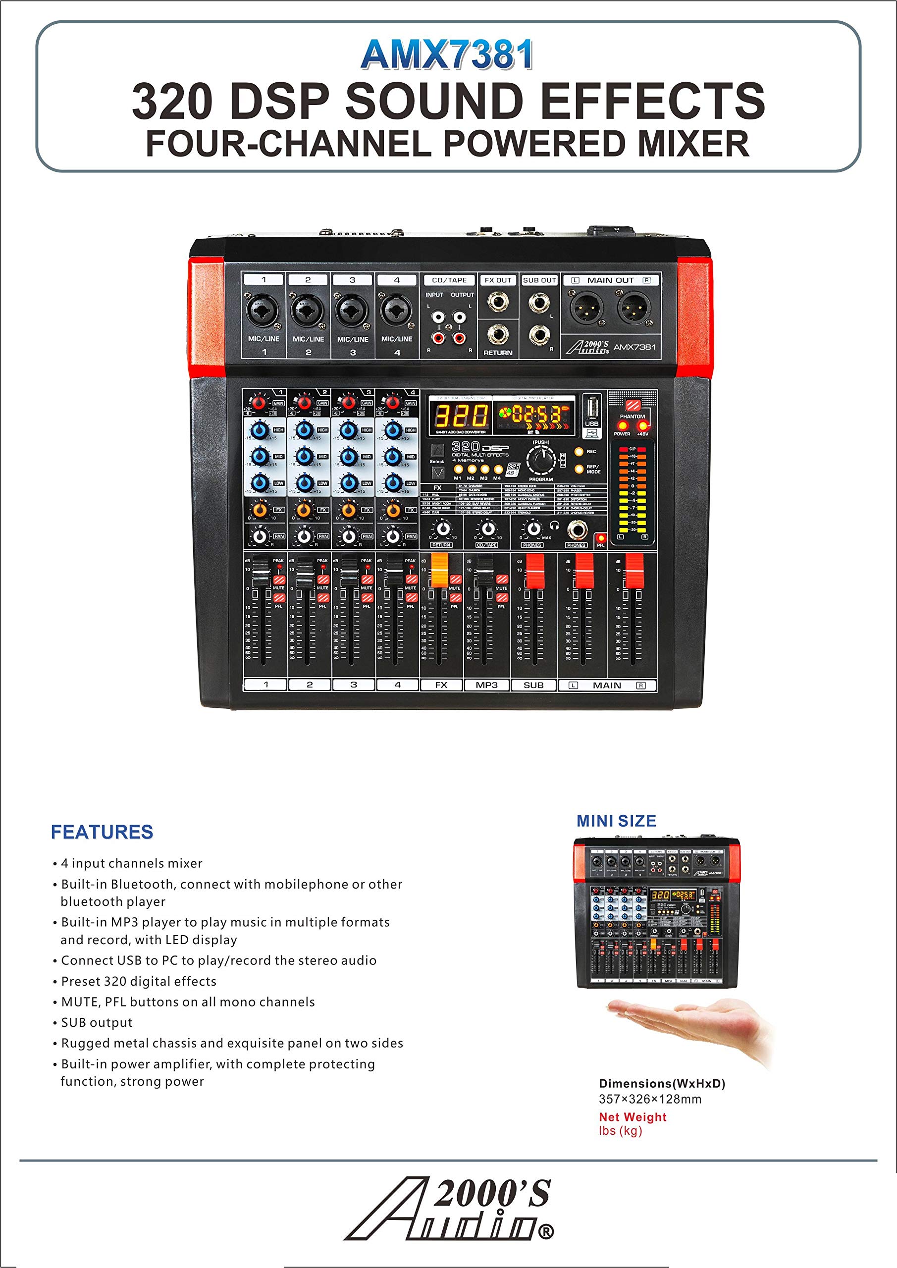 Audio2000'S AMX7381 Four-Channel Powered Audio Mixer with 320 DSP Sound Effects, Stereo Sub Out with Sub-Out Level-Control Fader, Level-Control Faders on All Channels, and USB/Computer Interface