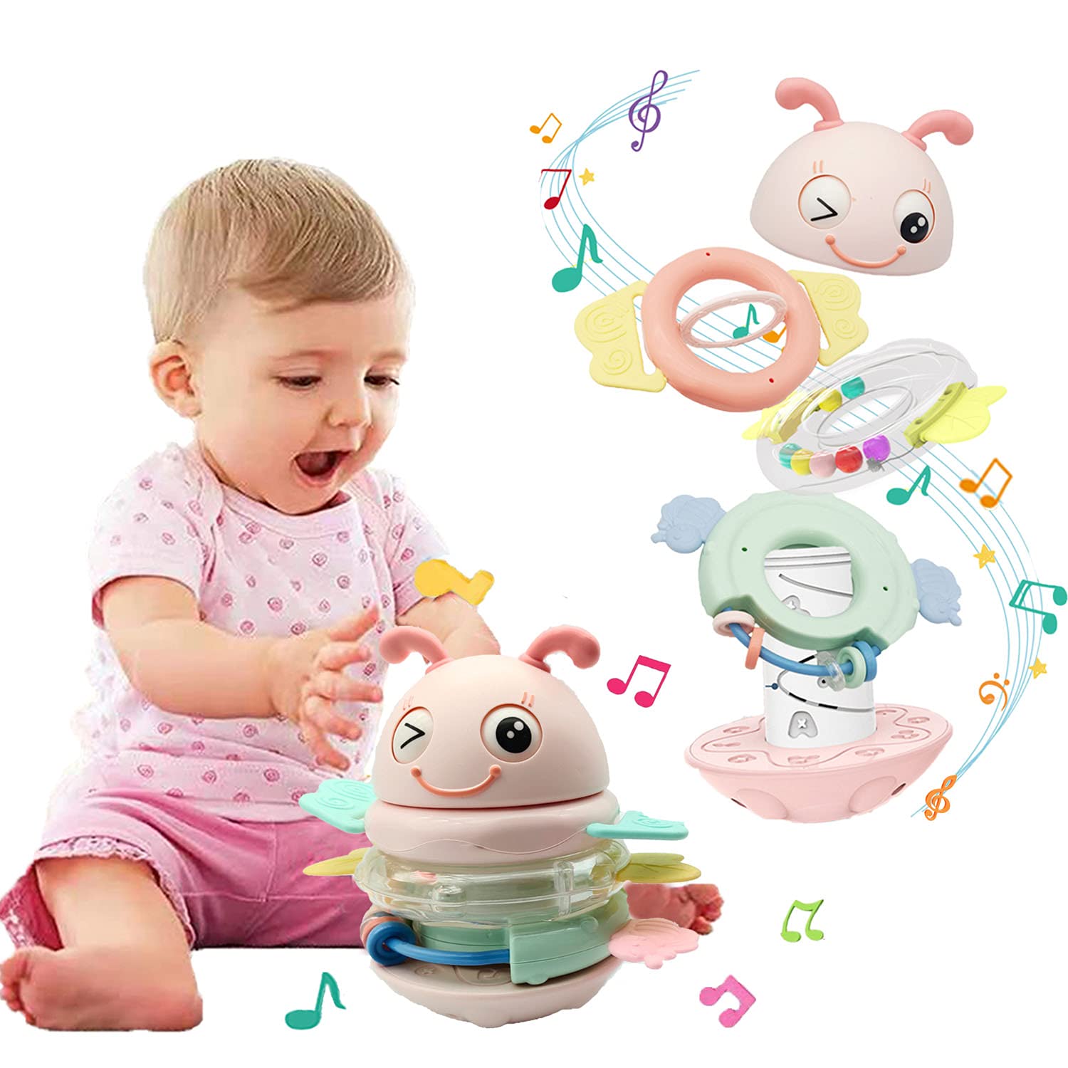 MOAOZ Baby Rattles,Stacking Ring Toys for 6 to 12 Months Girls Boys ,Music Toys for 18 Months, Early Learning Toys for Toddlers 6 Months,Gift for Newborn nfants 3-6, 12-18 Months (Pink)