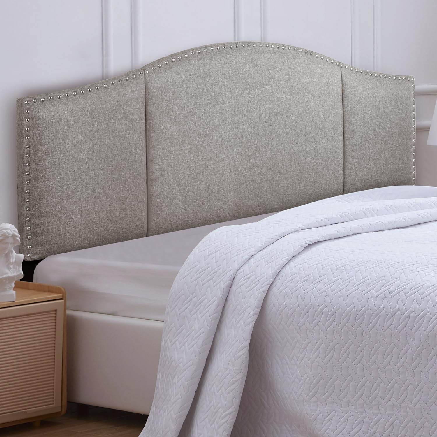Finnhomy Linen Fabric Upholstered King Size Headboard with Nailheads Trim Platform, Adjustable Height Head Board, Light Grey