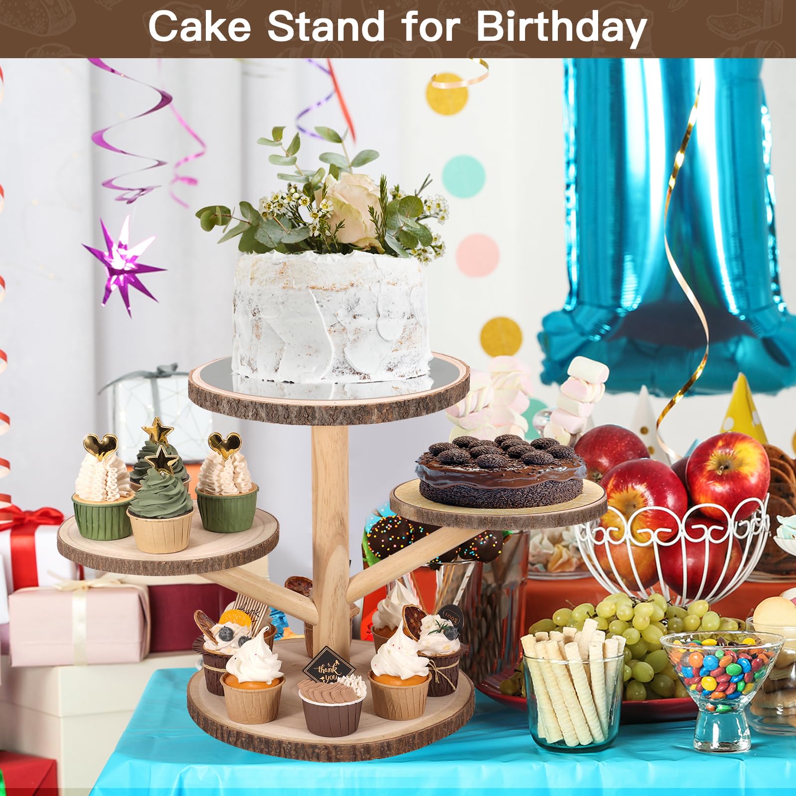 Ayfjovs 4 Tier Round Wooden Cupcake Stand, Wood Cupcake Holder, Cake Tiered Tray, Dessert Stands for Wedding Tea Party Birthday Holiday Baby Shower Dessert Display