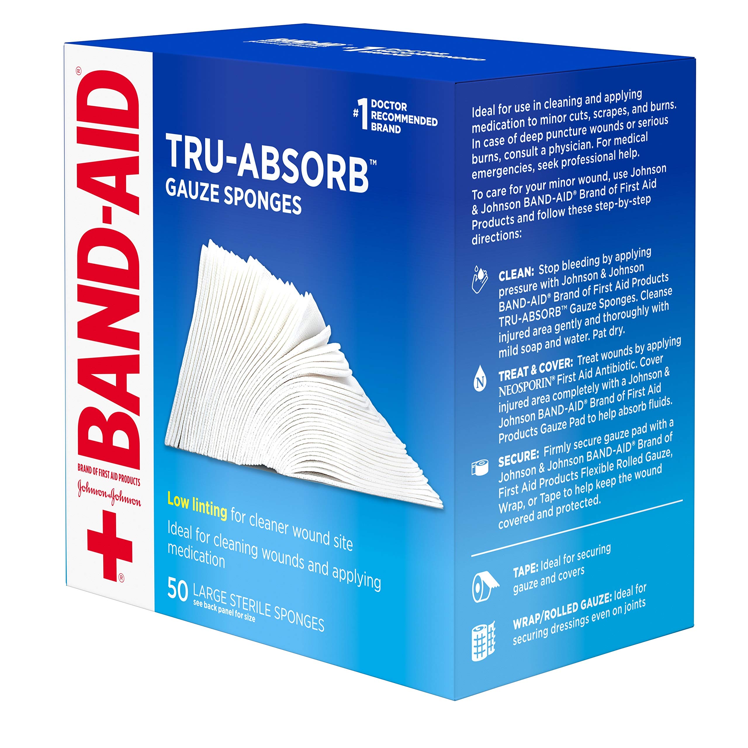 Band-Aid Brand First Aid Products Tru-Absorb Sterile Gauze Sponges for Cleaning and Cushioning Minor Wounds, Cuts & Burns, Low-Lint Design, Individually Wrapped 4 in by 4 in Pads