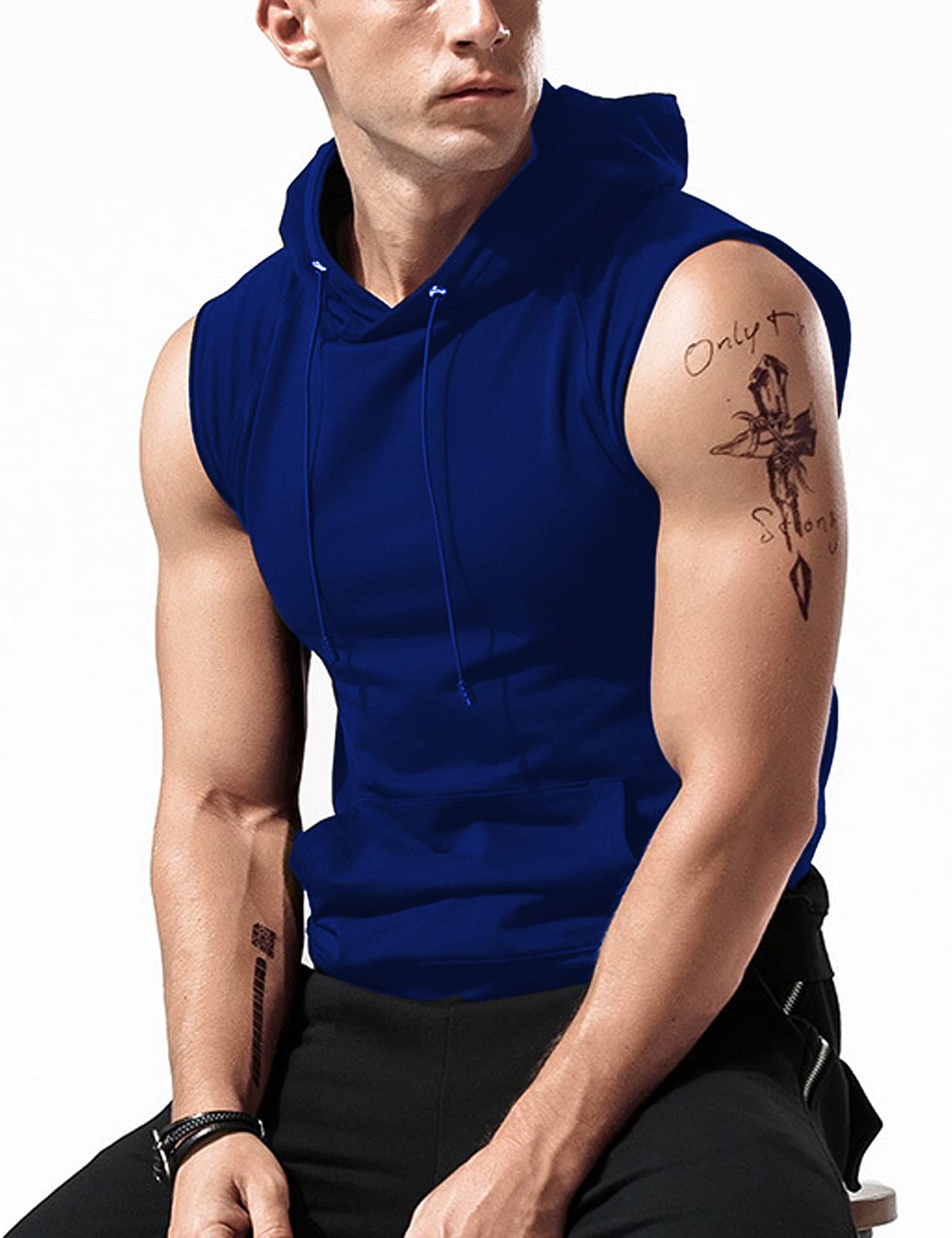 Aixdir Sleeveless Shirts for Men Casual Hoodie Tank Tops Gym Workout with Pocket Royal Blue L
