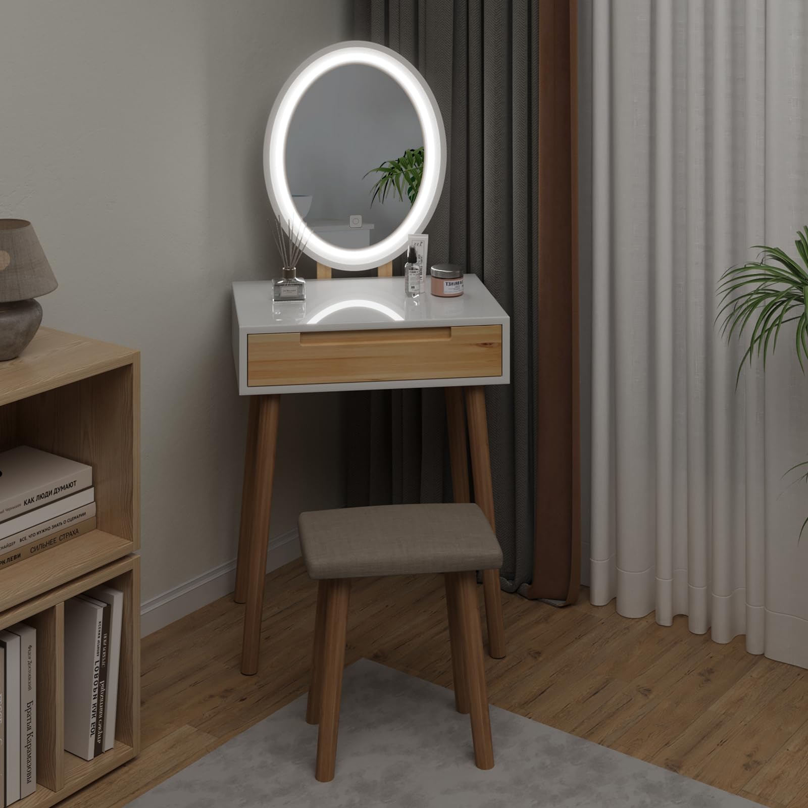 ARTETHYS Small Makeup Vanity Desk with 3 Adjustable Lighted Mirror and Chair, 24 Inch Makeup Vanity Table with Big Drawer Wooden Frame for Small Space