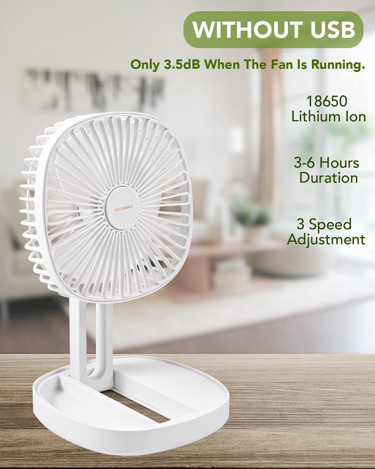 MOCAMOLA Small Desk Fan, Aromatic Desigh With Quiet 3 Speeds Wind, USB Powered With Portable Adjustable Mini Fan For Home, Office, Travel, Camping, Outdoor, Indoor, Car, 4.9 Inch White