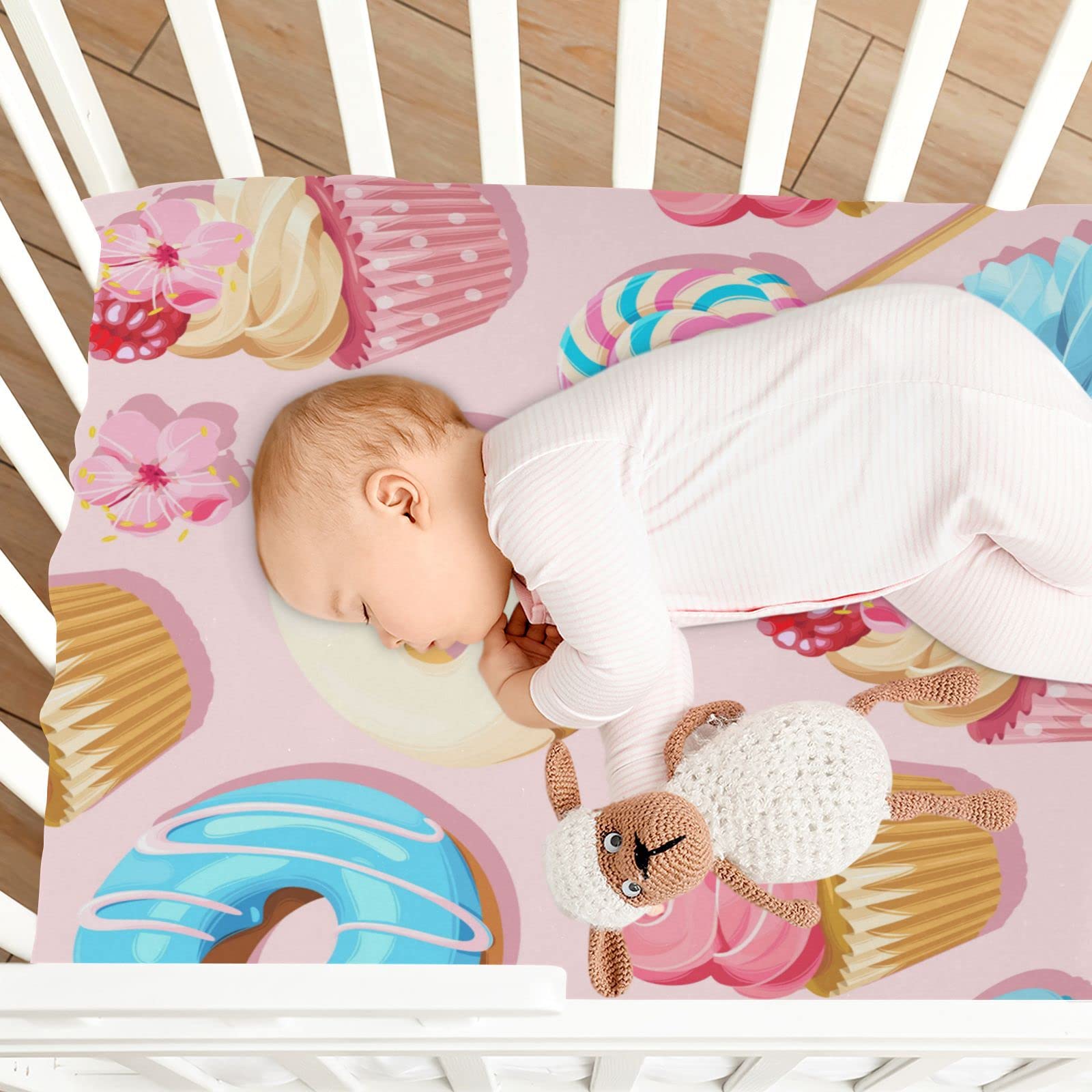 Blueangle Fitted Crib Sheet Cupcakes and Donuts Baby Sheets for Standard Crib Toddler Mattress Cover, Soft Microfiber Breathable Mattress Cover for Boys and Girls(486)
