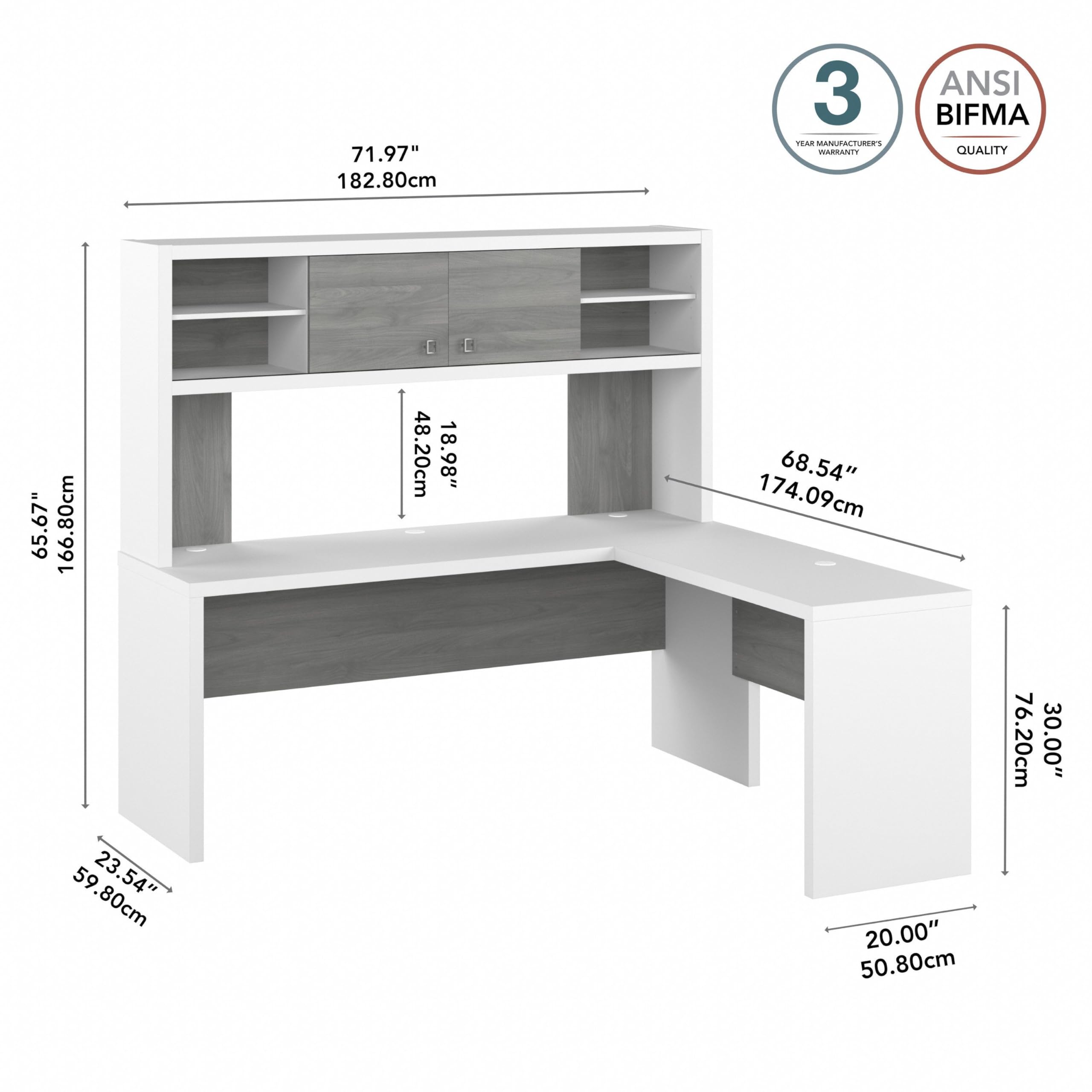 Bush Business Furniture Echo L Shaped Computer Desk with Hutch, 72W, Pure White and Shiplap Gray