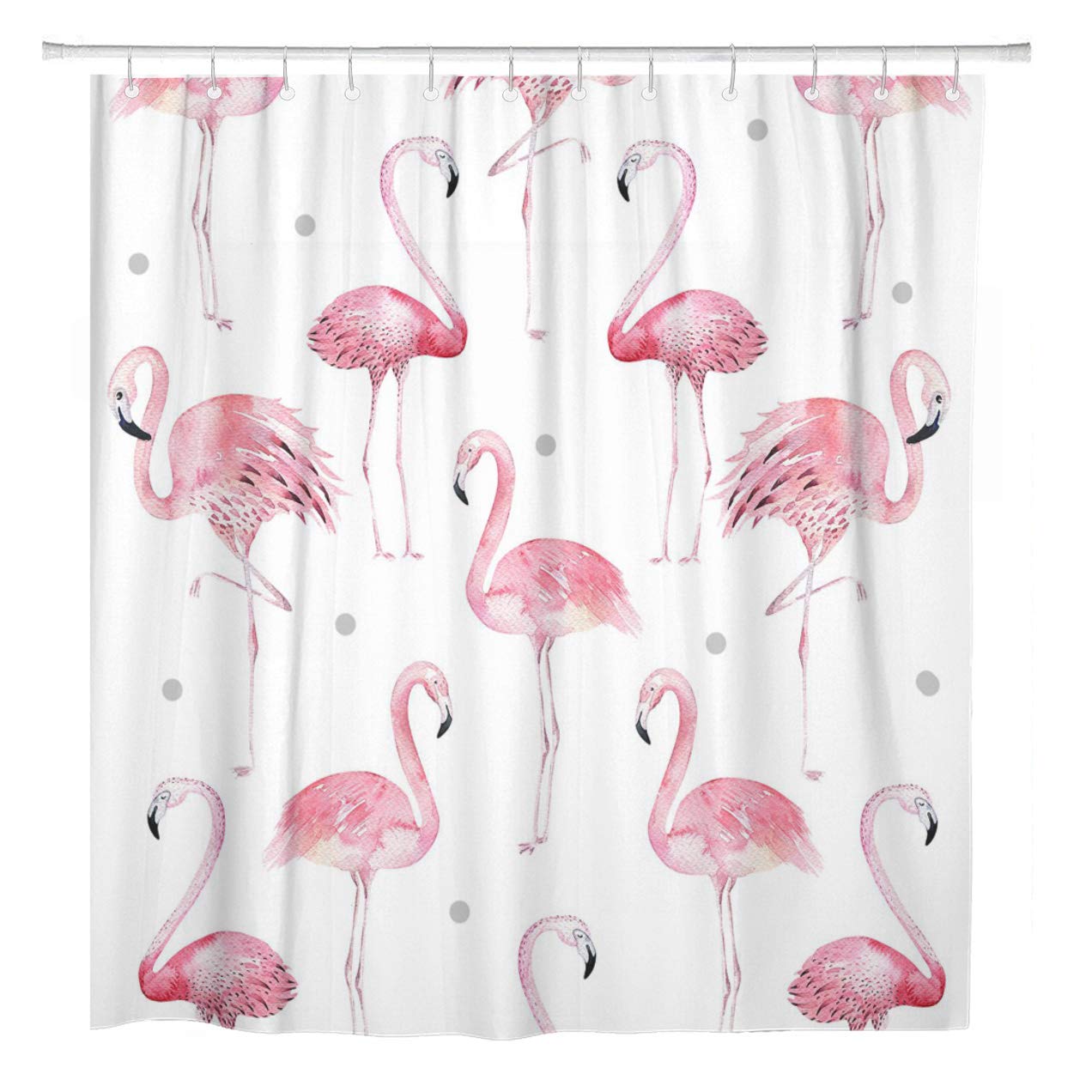 ArtSocket Shower Curtain Watercolor Bath Pink Flamingos Grey Polka Dots Chic Tropical Home Bathroom Decor Polyester Fabric Waterproof 72 x 72 Inches Set with Hooks