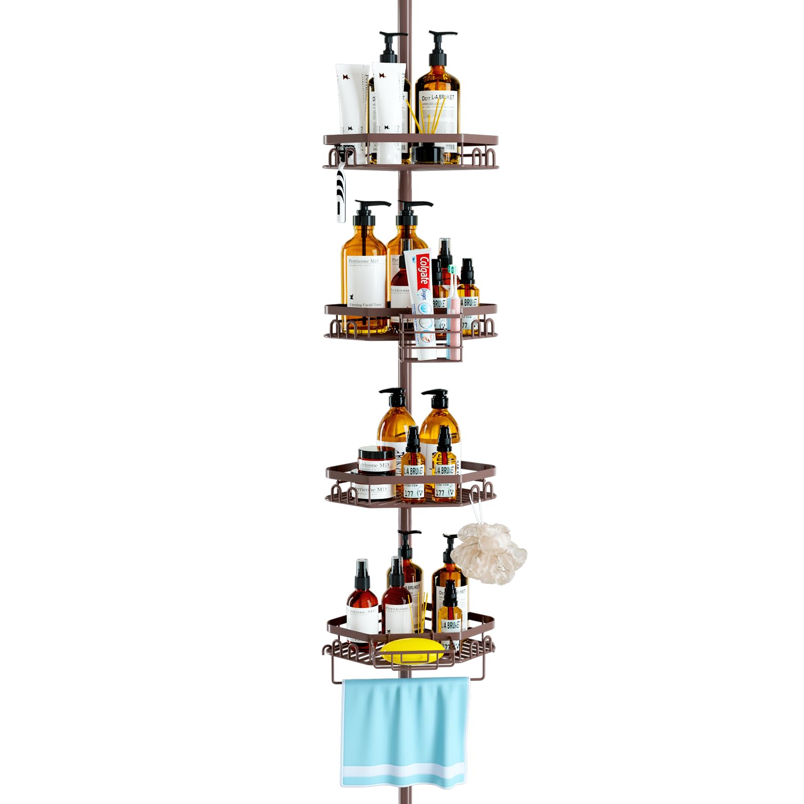 Shower Caddy Corner Tension Pole Stainless Organizer for Bathroom, Rustproof 4 Large Shelves and 2 Small Basket for Bathtub Shampoo Accessories Storage, 23.6 to 114.5 Inch Height Adjustable (Black)