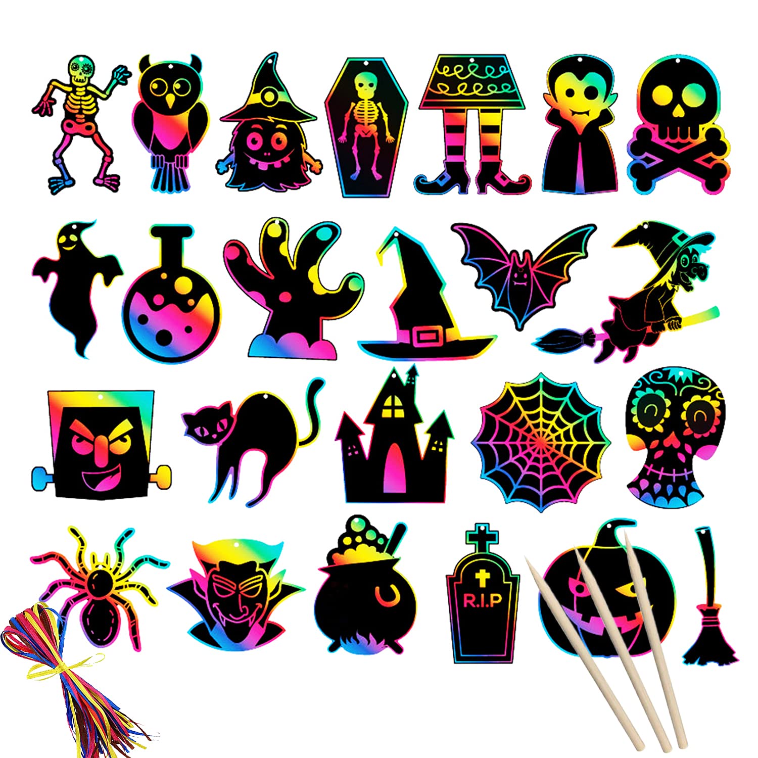 Mocossmy Halloween Magic Scratch Cards,24PCS Skeleton Spider Witch Pumpkin Rainbow Scratch Paper Scratch Art Crafts & Scratch Sticks & Ribbons Set for Kids St Patrick's Day Party Favor Supplies Games