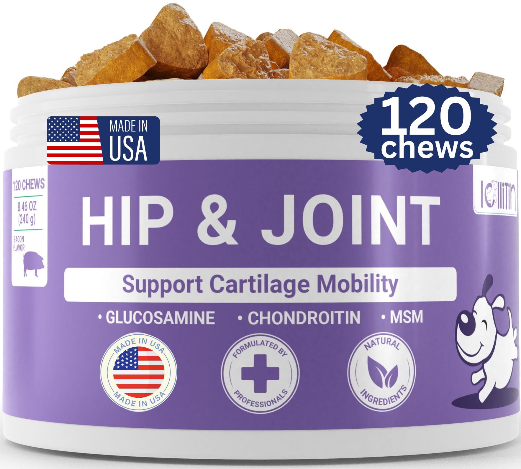 Dog Hip and Joint Supplement - Made in USA Dog Joint Supplement for Mobility Issues - Relief with Glucosamine for Dogs, MSM - 120 Count, Bacon Flavor - All Natural Dog Joint and Hip Supplement