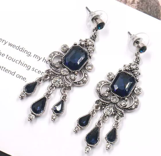 Art Deco Victorian Edwardian Antique Vintage Style Blue Sapphire Rhinestone Long Dangle Wedding Bridal Prom Earrings