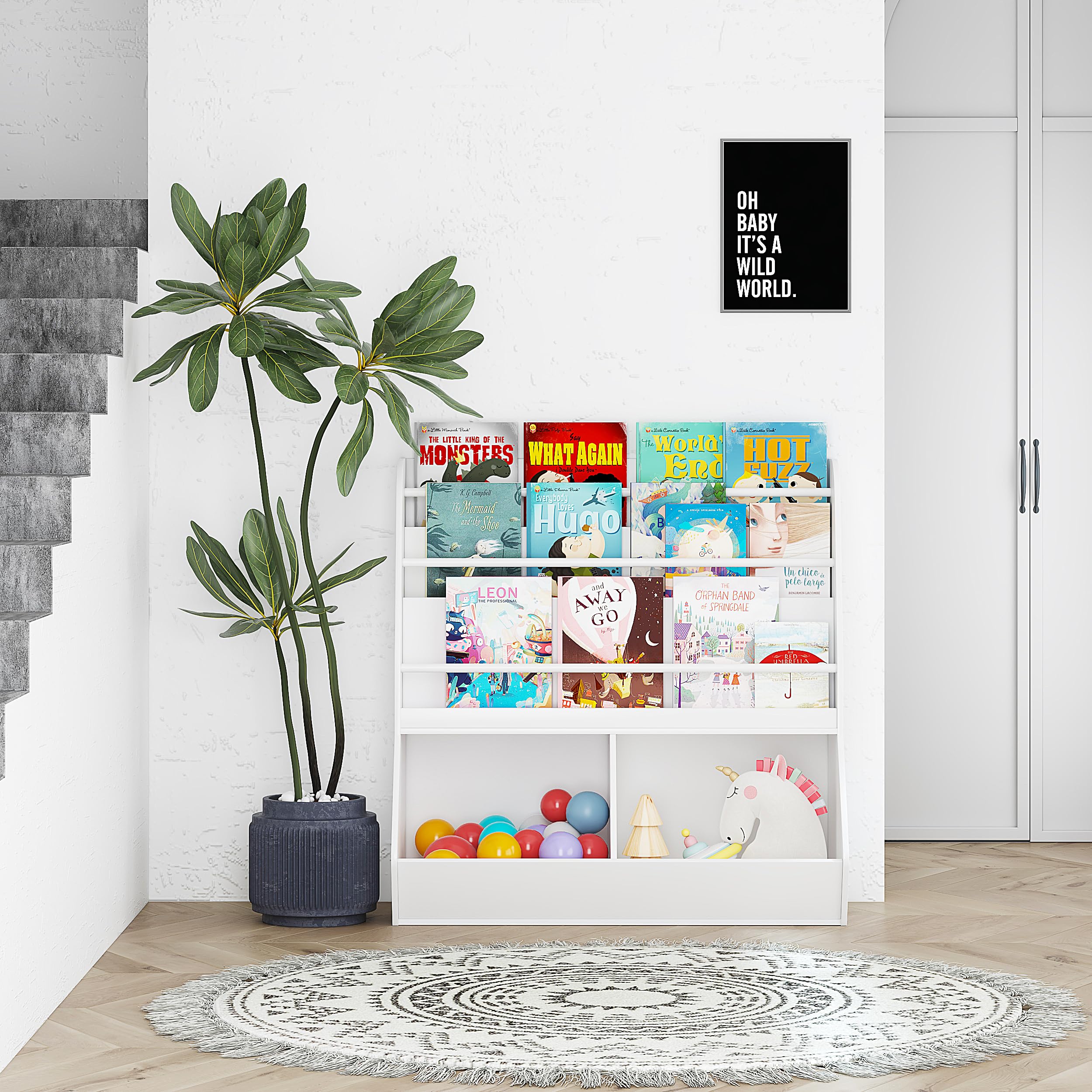 UTEX Kids Bookshelf and Toy Storage Cabinet, Kids Bookcase and Toy Organizer with Cubby, Kids Bookshelves Display Stand, Kids Book Rack for 3 Age+, White
