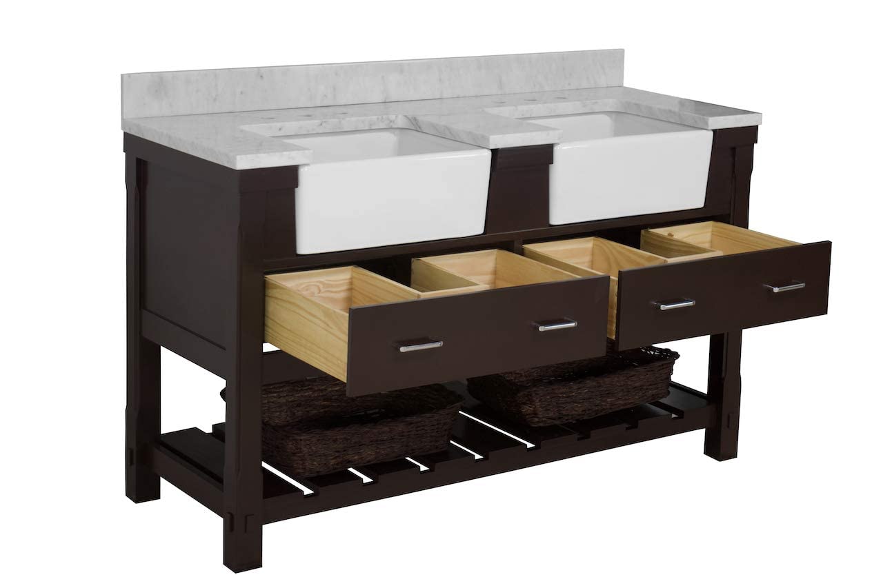 Charlotte 60-inch Double Farmhouse Bathroom Vanity (Carrara/Chocolate): Includes Chocolate Cabinet with Authentic Italian Carrara Marble Countertop and White Ceramic Apron Sinks