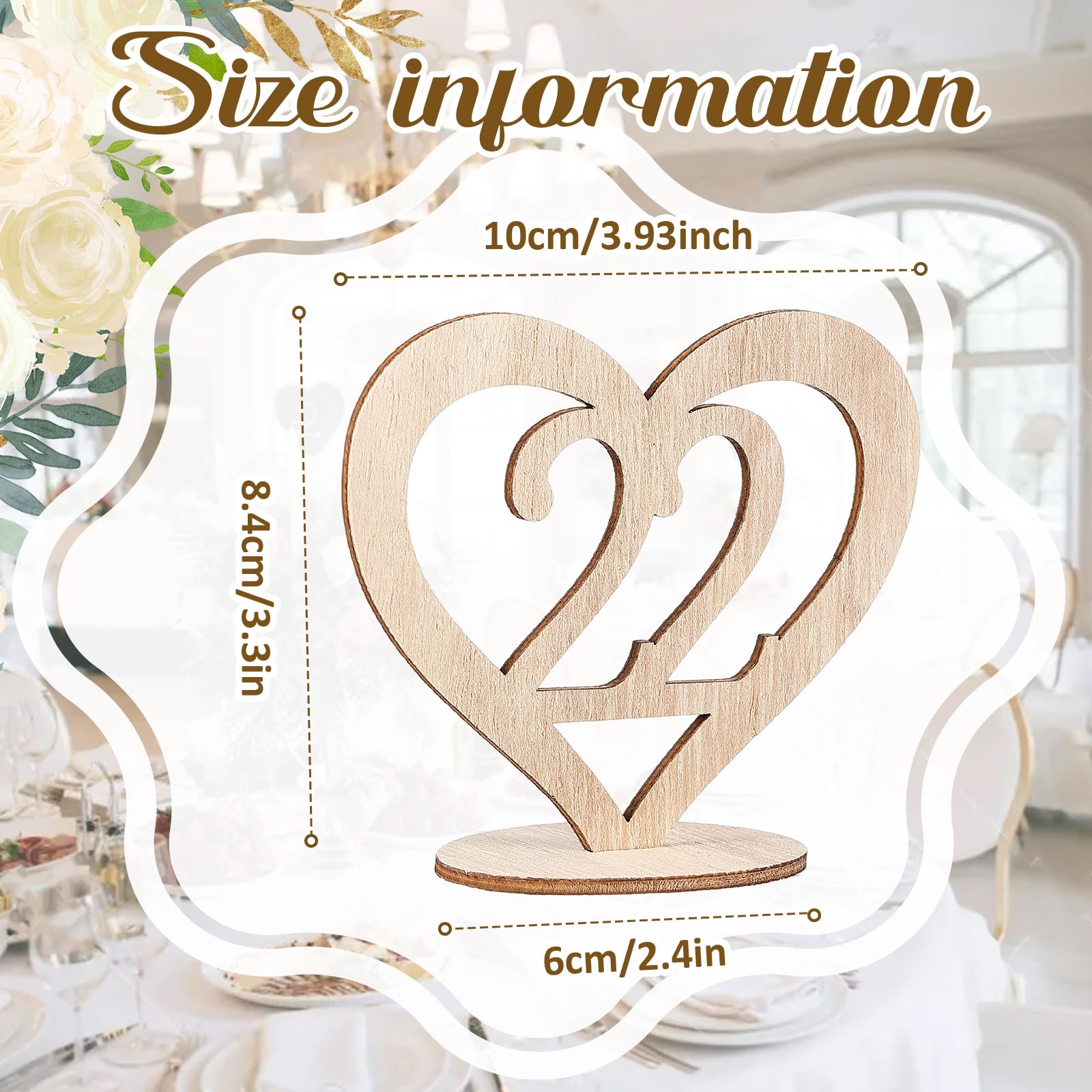 Blulu 40 Pieces Wooden Wedding Table Numbers Heart Shape 1-40 Table Numbers with Holder Base Standing Rustic Hollow Wood Table Numbers for Wedding Event Party Catering Decoration