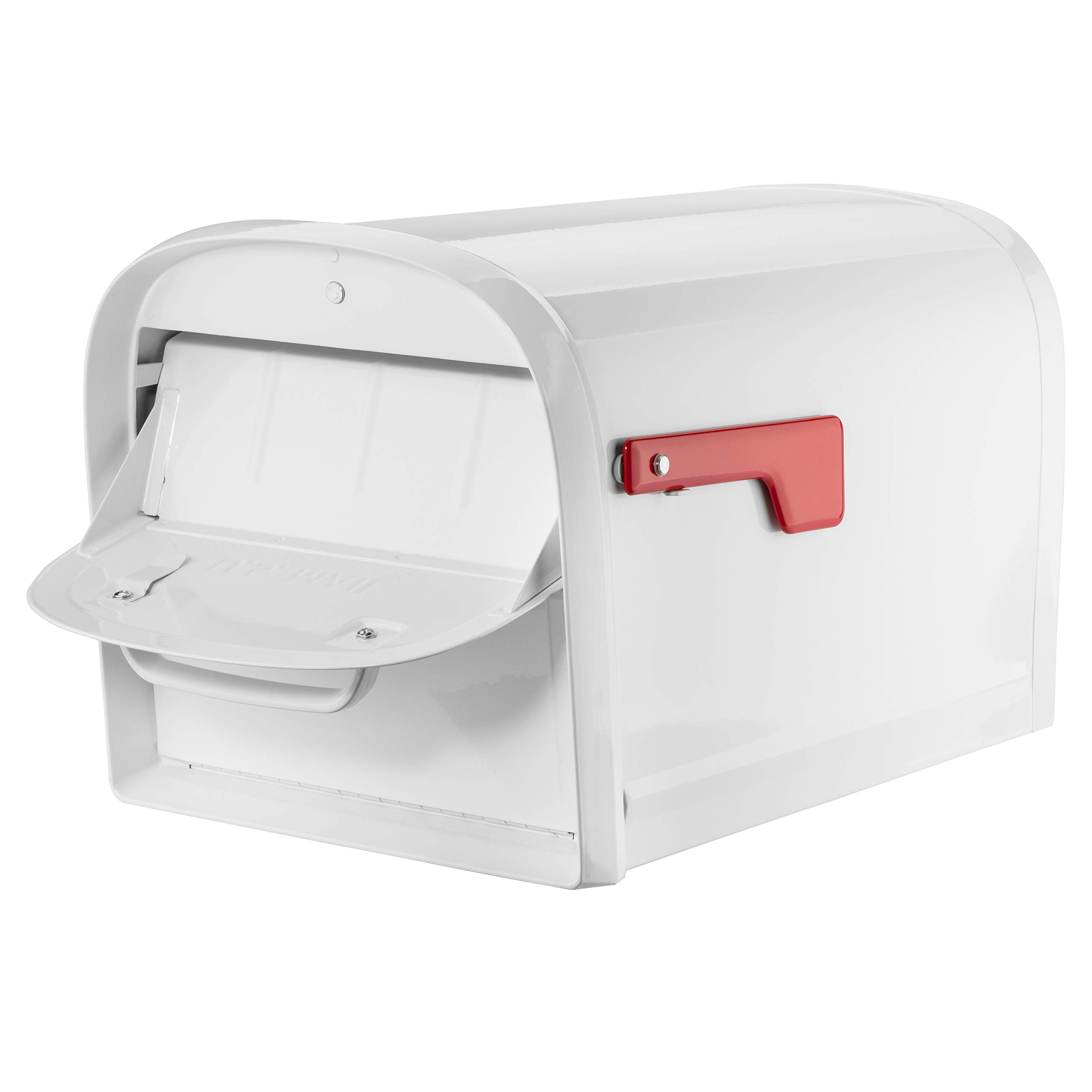 Architectural Mailboxes 6300W-10 Oasis 360 Mailbox, White and ARCHITECTURAL MAILBOXES 4x4 Steel 7540B-10 Mailbox Adapter Plate, 4" x 4", Black, 10 Count