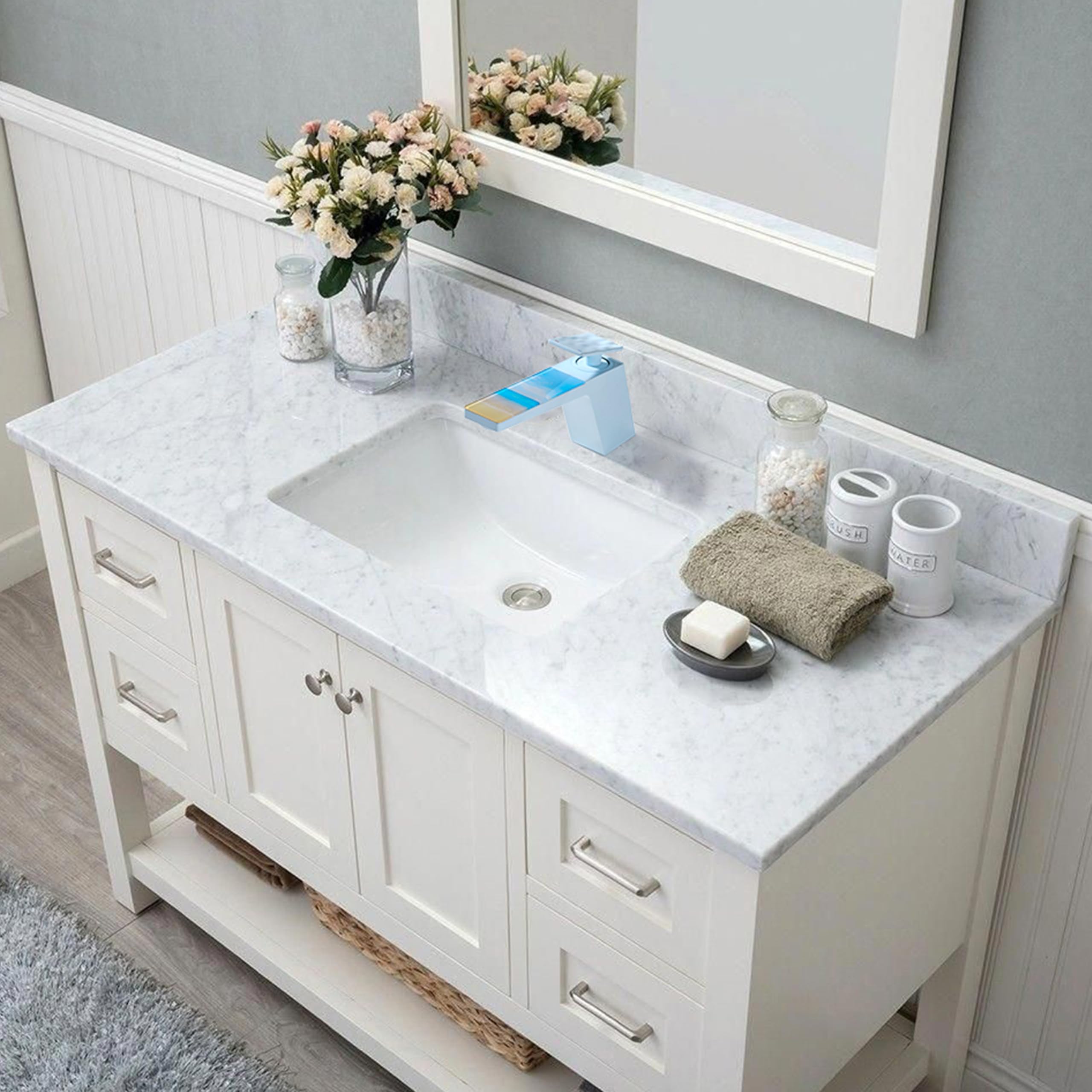 Bathroom Faucet for Sink 1 Hole,Blue Modern One-Handle Single Hole Bathroom Faucet,Brass Sink Vanity Faucets with Supply Hoses for RV Lavatory Restroom