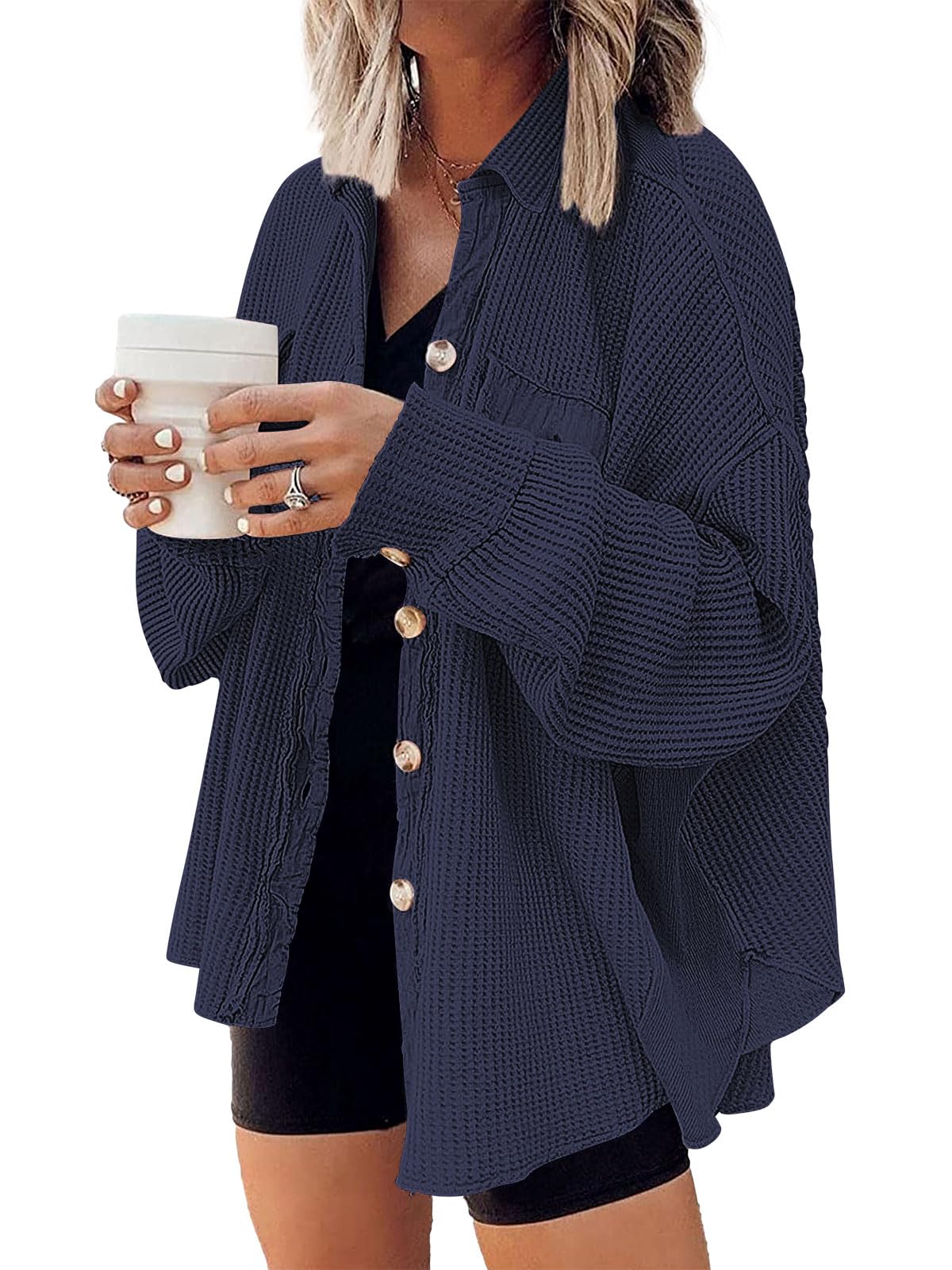 AUTOMET Womens Oversized Button Down Fall Clothes 2024 Fashion Flannel Jackets Winter Waffle Knit Tops