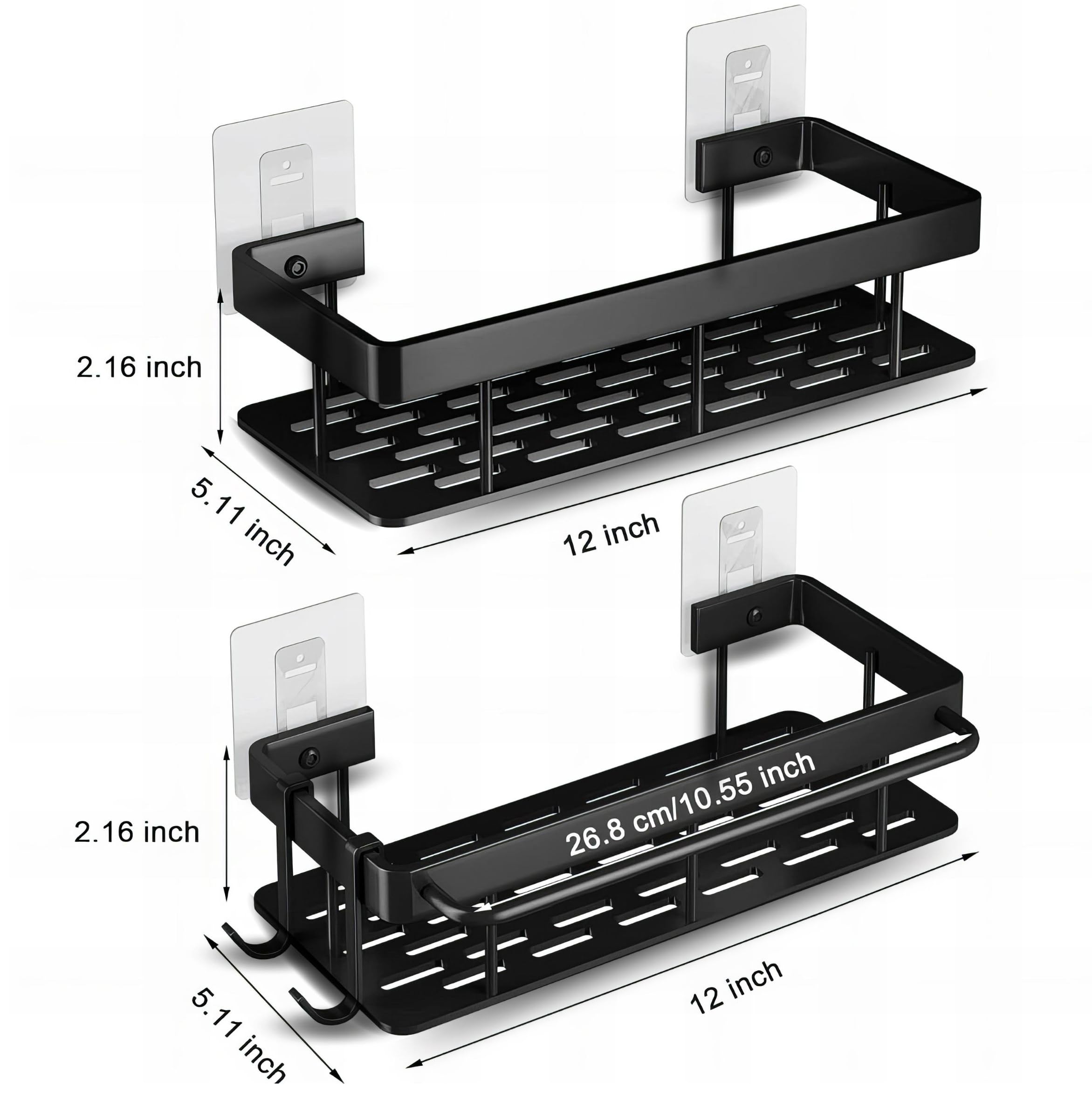 MAXHEM Shower Caddy Basket Shelf Storage Rack, Self-Adhesive Aluminum Wall Mounted Bathroom or Kitchen Organizer Space for (2 Pack), No Drilling Bathroom Shelves with 2 Hook + 1 Towel Bar