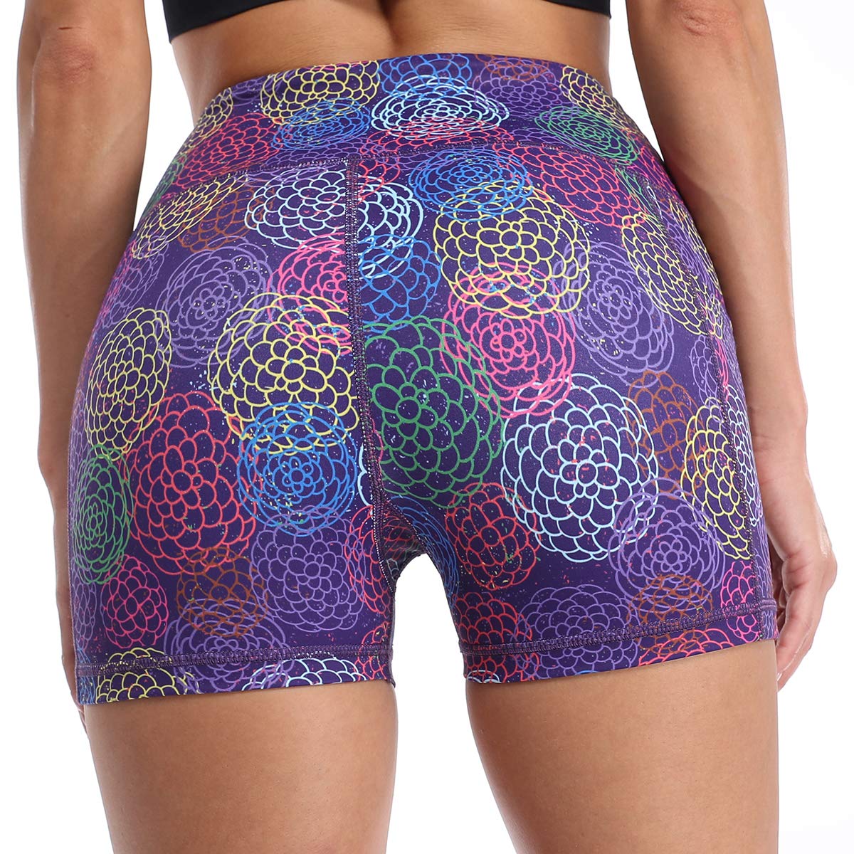 Amazon Essentials Workout Volleyball Yoga Print Short Pockets High Waist Exercise Running Gym Shorts for Women 3" Purple Circle Flower-M