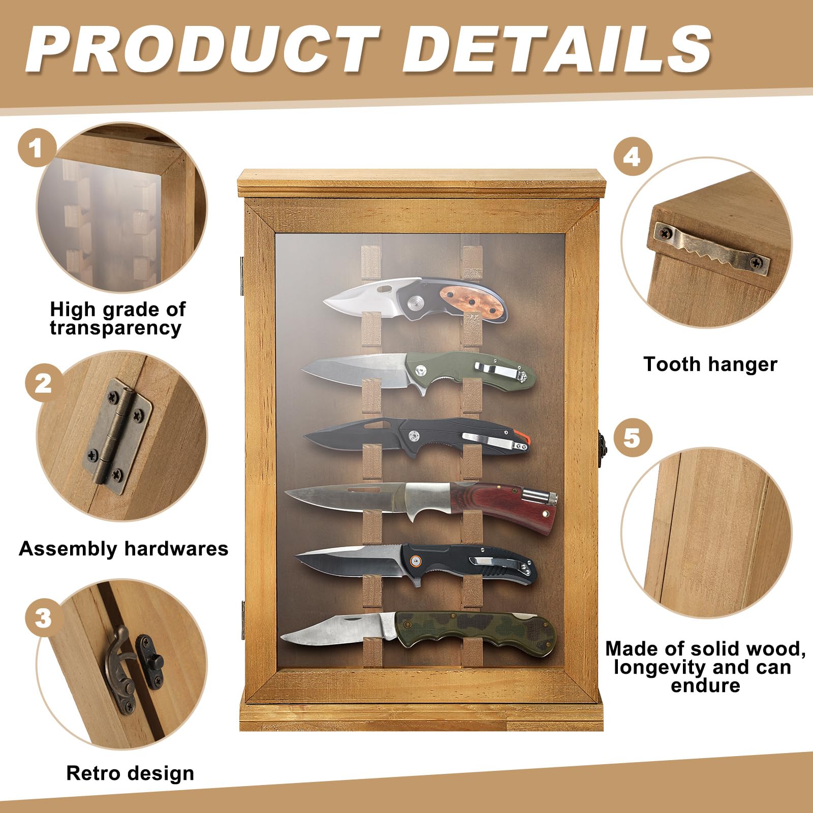 GlikCeil Pocket Knife Display Case with Lockable Clear Acrylic Door, Wall Mount Wooden Knife Display Stand, Knife Holder Display Cases for Collection, Storage, Military Folding Knife Shelf Shadow Box
