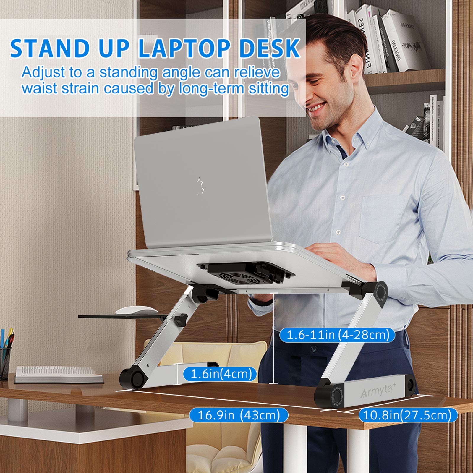 Armyte Laptop Stand Adjustable Height for Desk, Portable Lap Table with Cooling Fan & Mouse Pad for 15.6 Inch Notebook Lightweight Foldable Computer Riser for Couch Bed Sofa Home Office