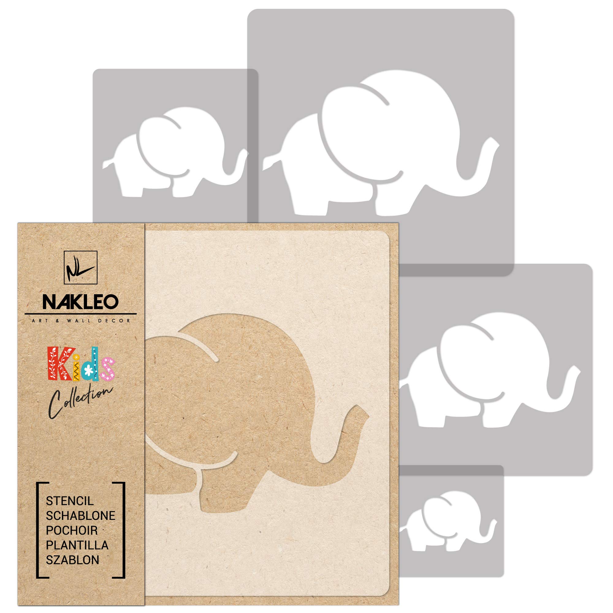 NAKLEO 5 pcs Reusable Plastic Stencils - Elephant Mammal Animal - 13.4" to 3.5" - Pattern Children Kids Painting Template Room Decor - Craft DIY Wall Furniture