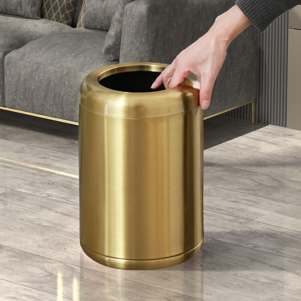 LEASYLIFE 8L/2.1gal Brushed Nickel Gold Trash Can,Small Gold Trash Can,Brass Trash Can for Bathroom,Powder Room,Bedroom,Office (Gold)