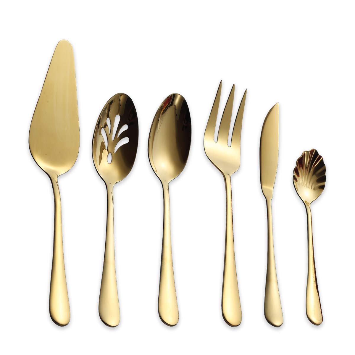 Berglander Stainless Steel Golden Titanium Plated Flatware Serving Set 6 Pieces, 5 Serving Pieces of 45 Pieces Flatware with 1 Cake Server, Golden Serving Silverware Set (Shiny Golden)