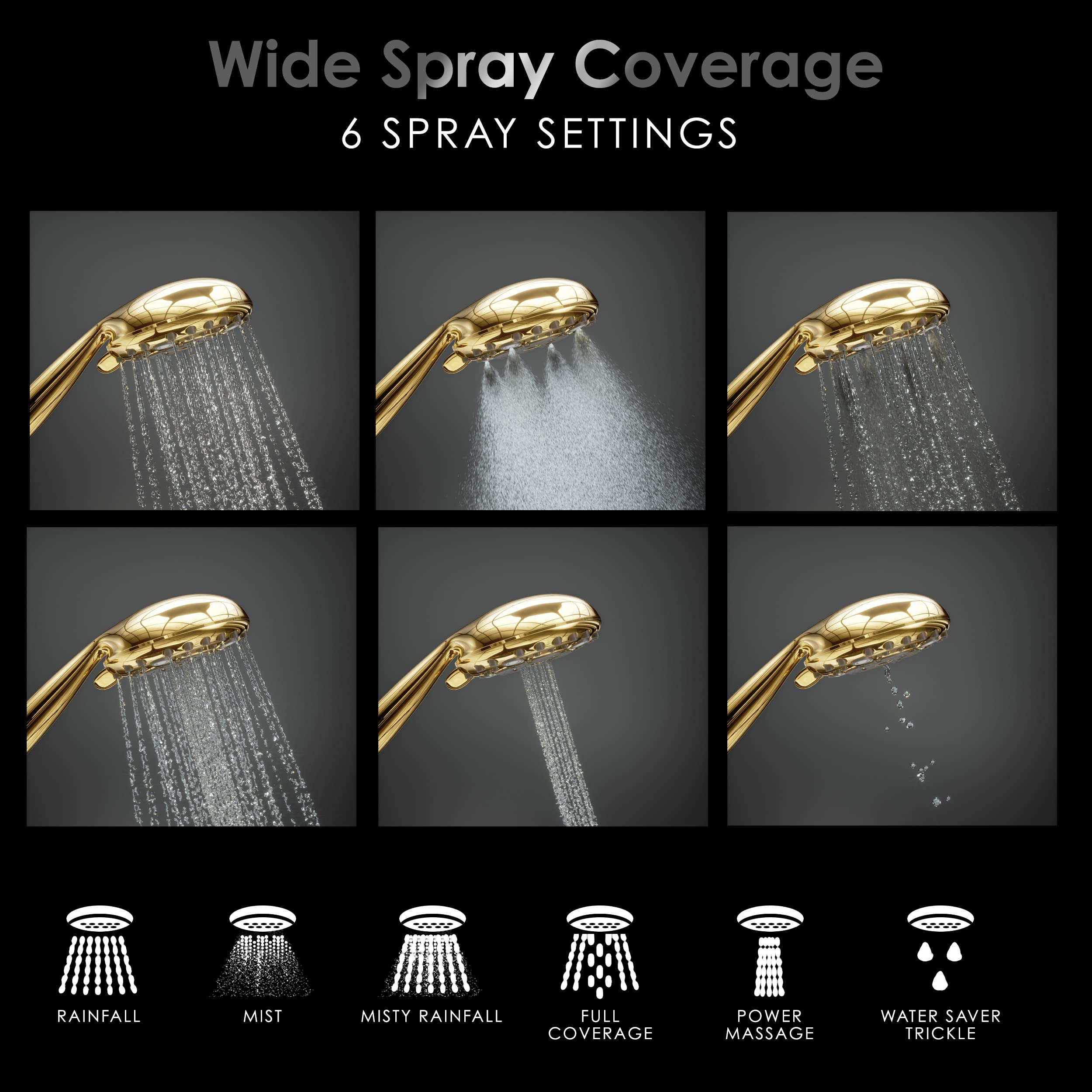 Aquarius Mist Handheld Gold Shower Head With Hose (Extra Long) Spa Grade High Pressure Hand Held Showerhead Wand With 6 Spray Settings β Adjustable Mount Holder & Teflon Tape - Polished Brass