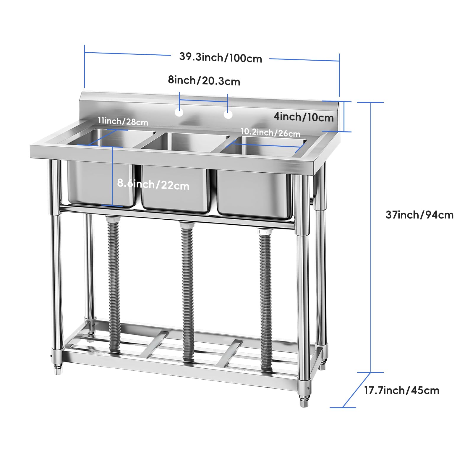 Gaomon Stainless Steel Sink, Commercial Kitchen Prep & Utility Sink Free Standing 3-Compartment with Shelf for Restaurant Laundry Garage Bar Workshop(3 Compartment with Shelf, 38.9"L x 17.7"W x 37"H)