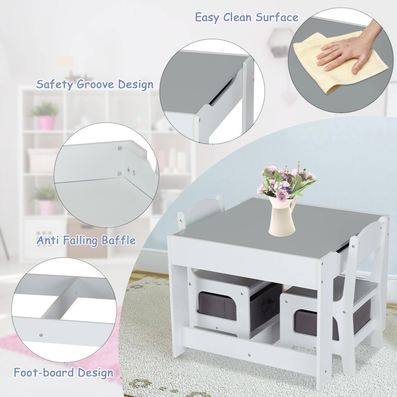 Kinfant Kids Table and Chair Set, Toddler Table and Chairs Set with Double Side Detachable Tabletop for Preschool Playroom Kindergarten (Gray)