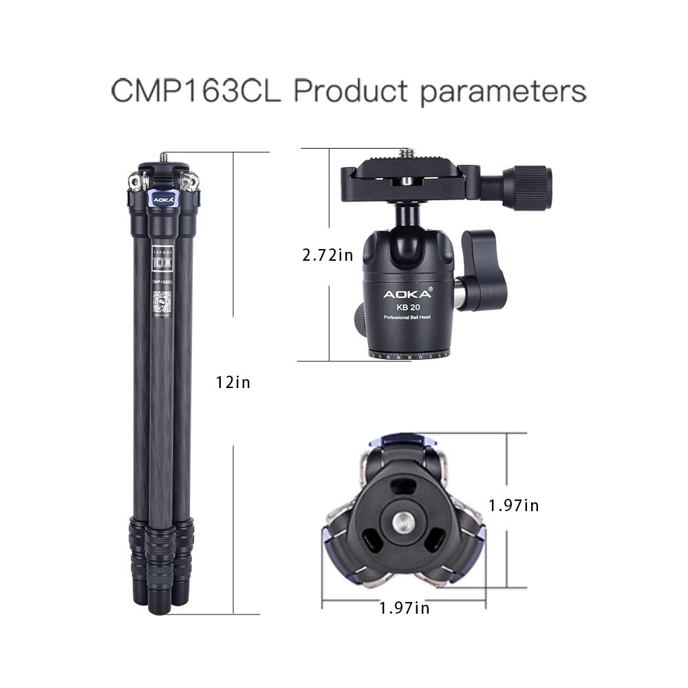 AOKA 28in/1.1lb Lightweight Compact Carbon Fiber Tripod with 360° Ballhead Travel Mini Tripod for Mobile Phone and Compact Mirrorless Cameras Black