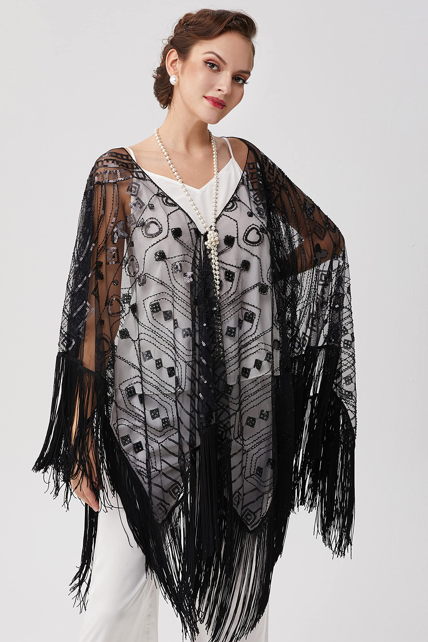 BABEYOND 1920s Sequin Beaded Shawl Wraps Fringed Evening Cape Scarf for Wedding (Black with Black Sequins)